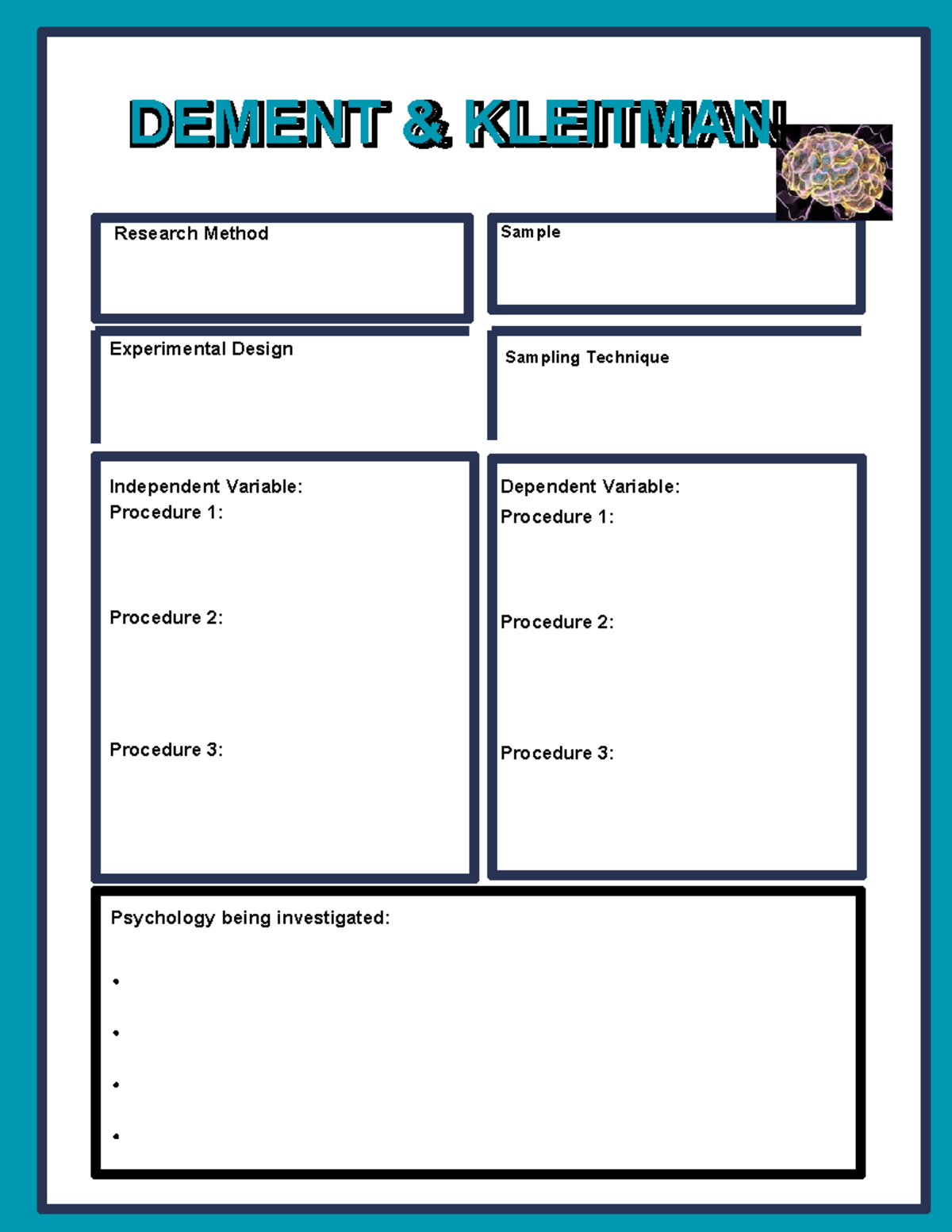 Dement & Kleitman Information Worksheet - Research Method Experimental ...