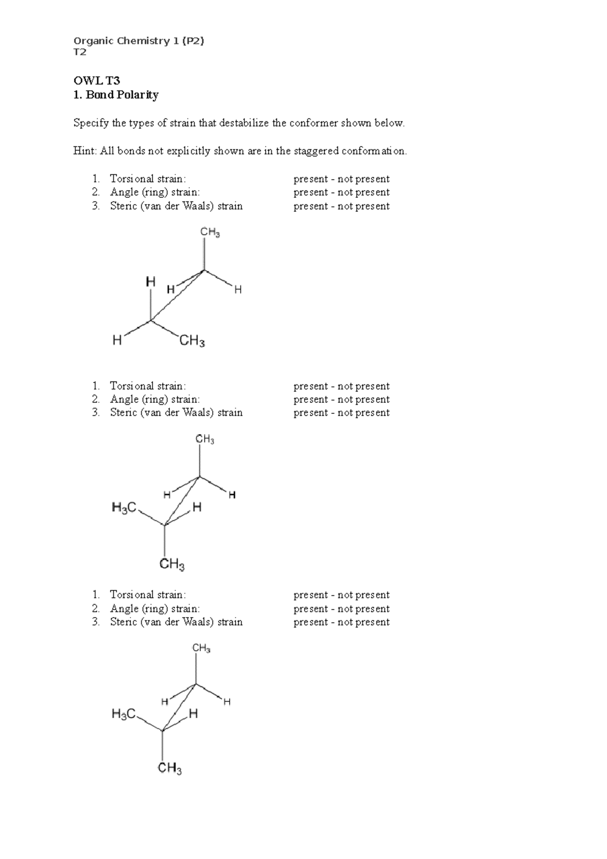 Organic Chemistry 1 OWL Tutorial Worksheet Wageningen - T OWL T 1. Bond ...
