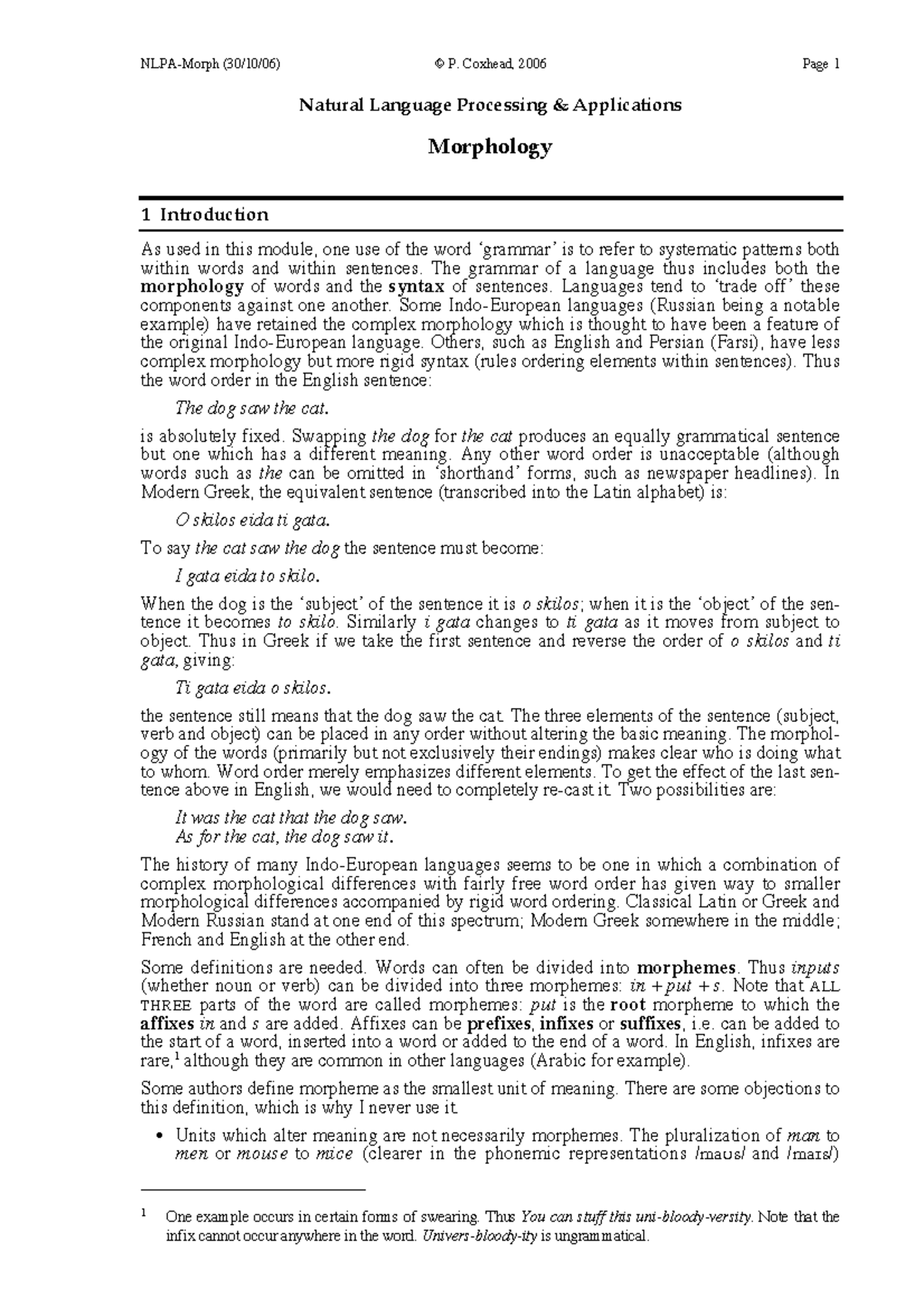NLPA-Morph - Linguistics - NLPA-Morph (30/10/06) © P. Coxhead, 2006 ...