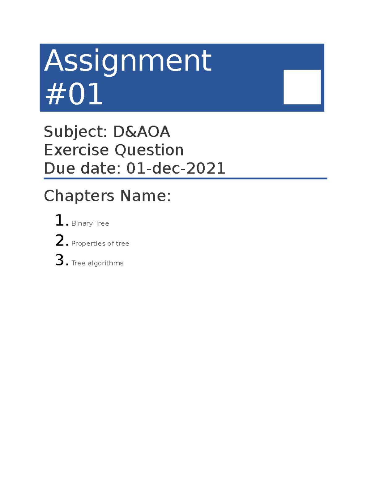 Binary Tree Assignment Assignment Subject Dandaoa Exercise Question Due Date 01 Dec Chapters