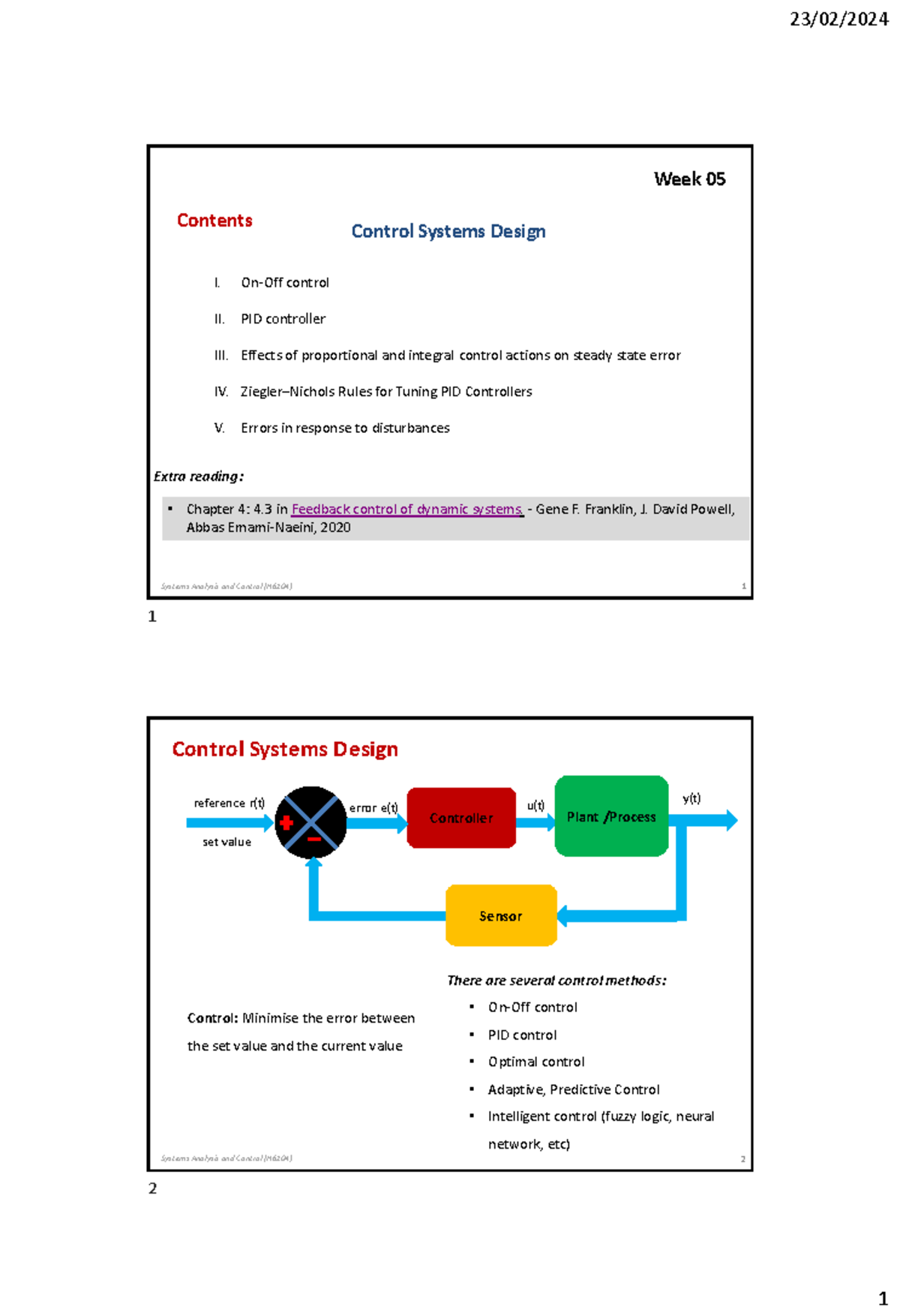 Week 05 Pdf Notes Systems Analysis And Control H6104 Week 05 Contents I On Off Control