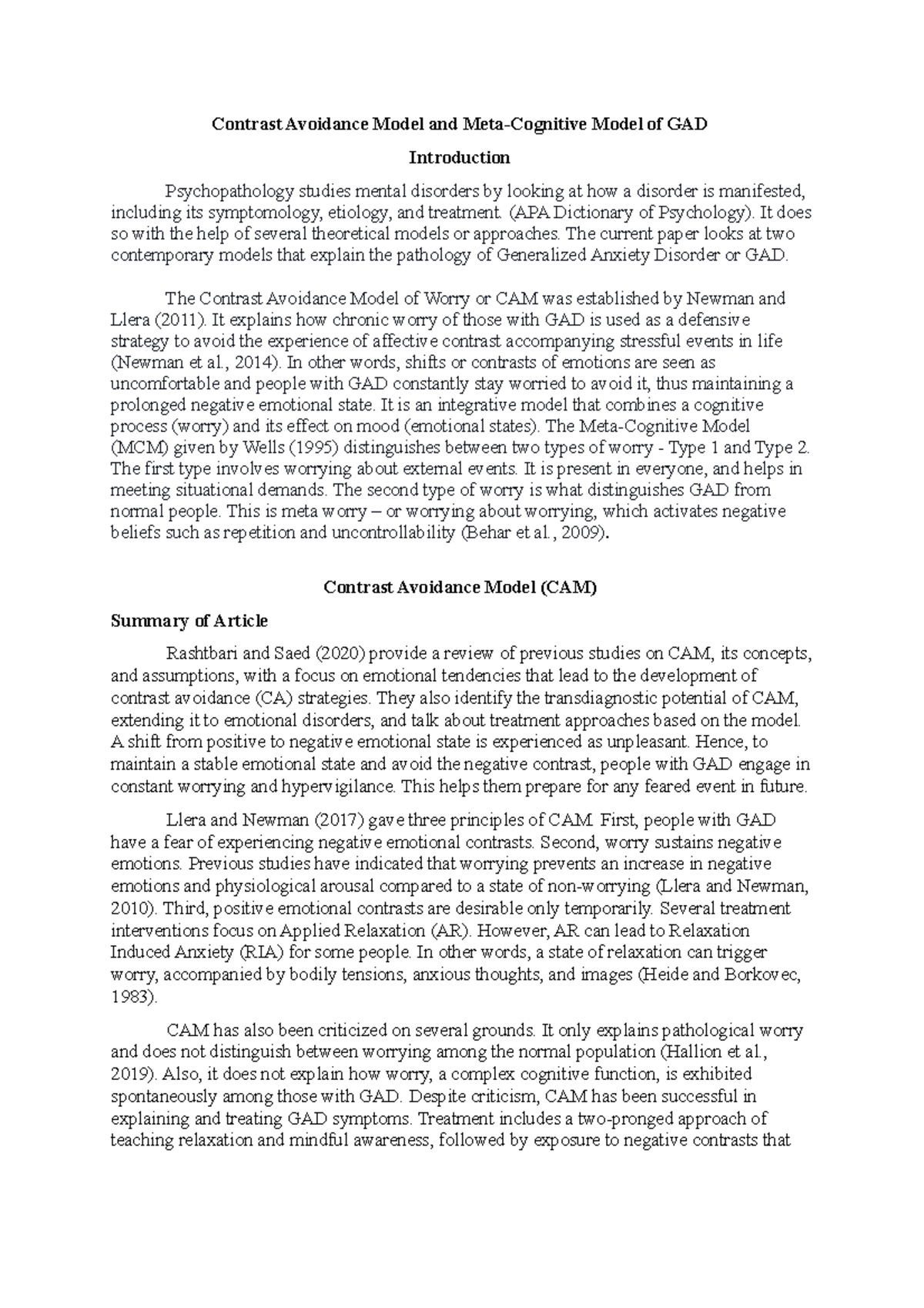 Psychopathology CIA1 - On Anxiety Models - Contrast Avoidance Model and ...