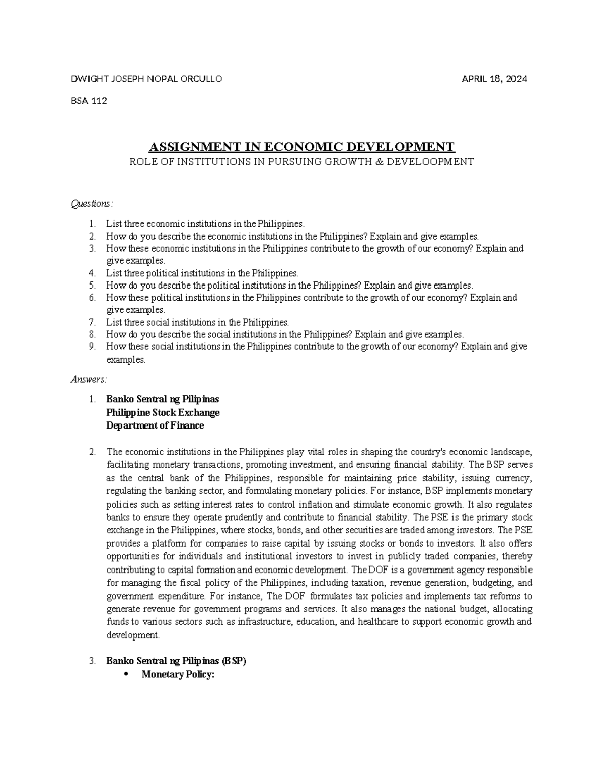 Assignment in Econ Dev - DWIGHT JOSEPH NOPAL ORCULLO APRIL 18, 2024 BSA ...