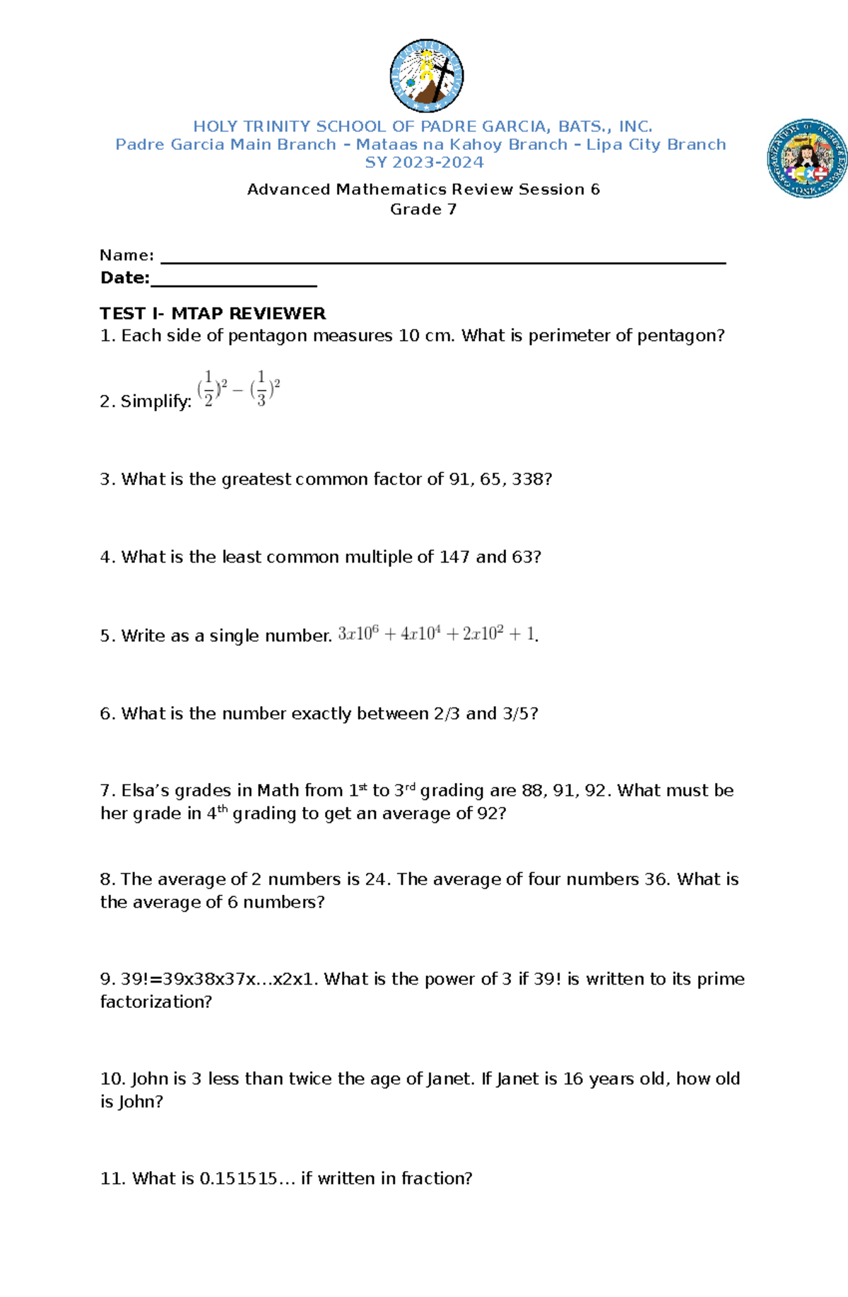 Session 6 Grade 7 Advanced Mathematics Review - HOLY TRINITY SCHOOL OF ...