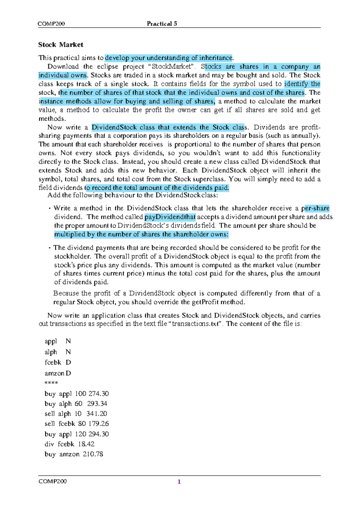 Practical 5 - COMP200 Practical 5 COMP200 1 Stock Market This practical aims to develop your ...
