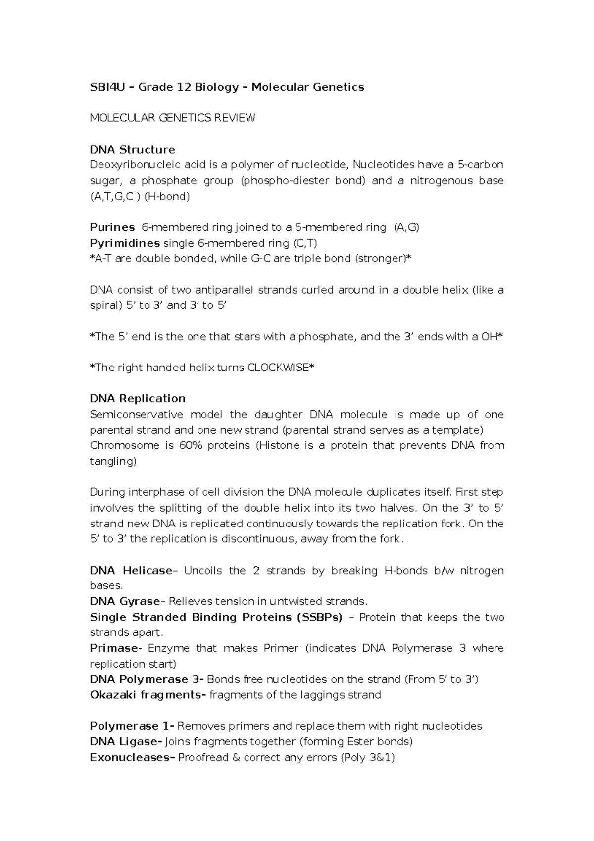 SBI4U – Molecular Genetics - biol 2020 - Yorku - Studocu