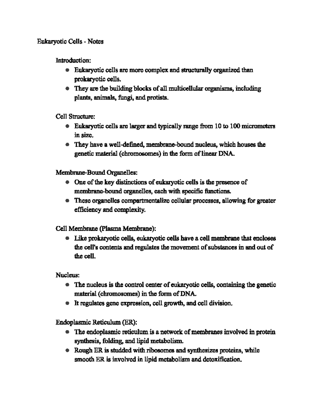 Eukaryotic Cell Notes - Studocu