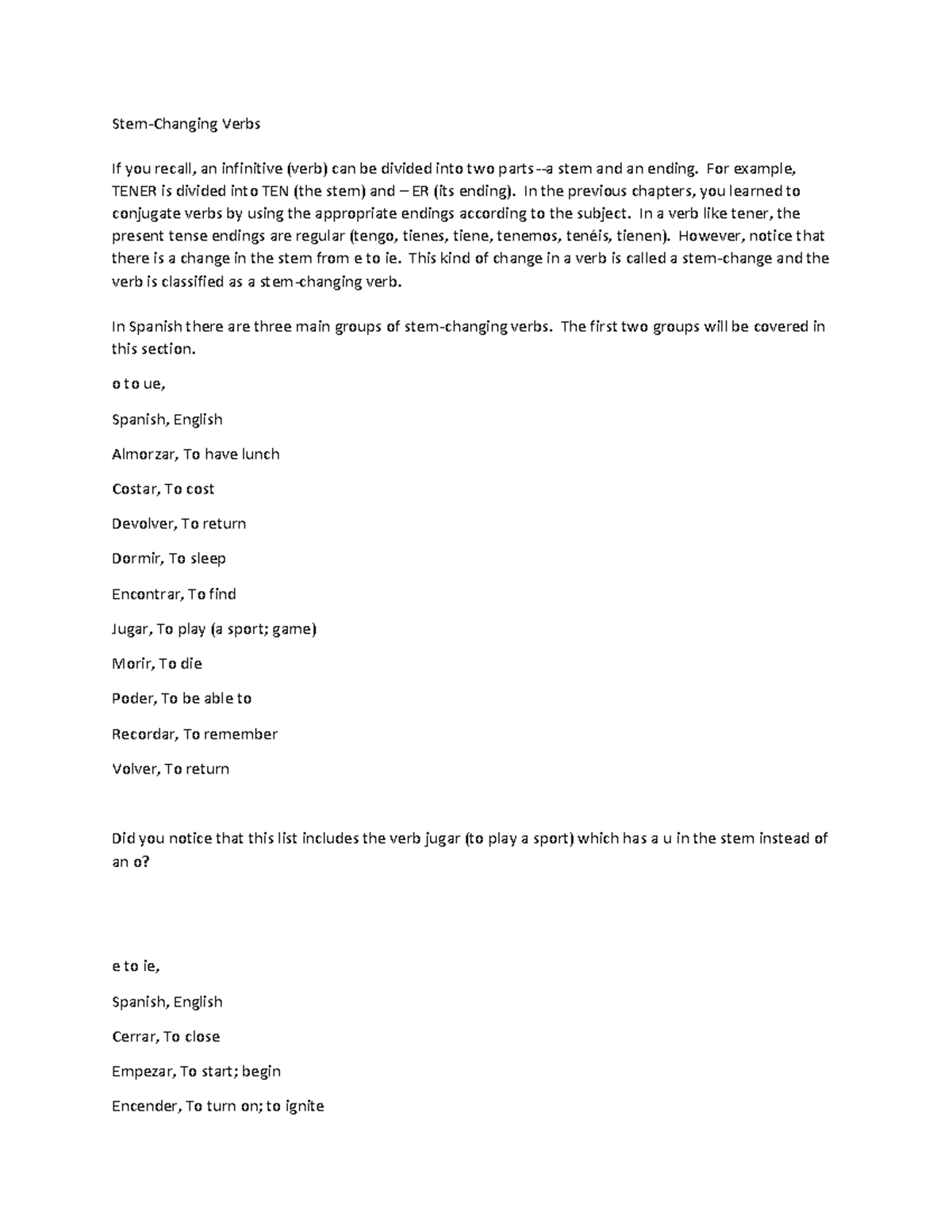 Stem changing verbs - assignment on vocabulary - Stem-Changing Verbs If ...
