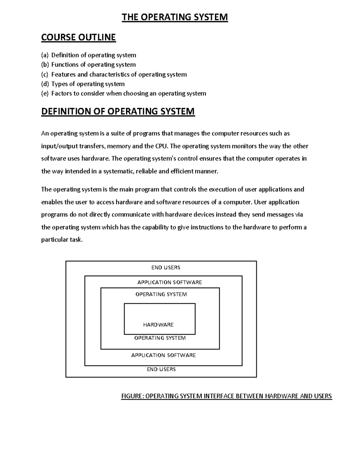 Operating System - THE OPERATING SYSTEM COURSE OUTLINE (a) Definition of operating system (b ...
