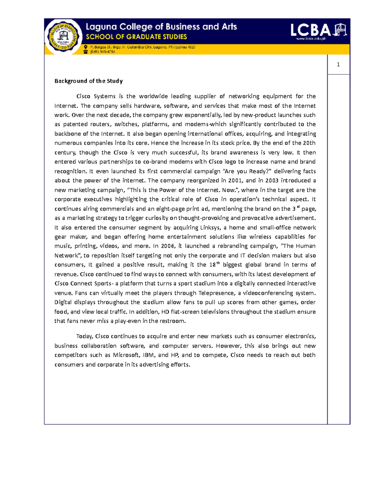 Cisco CASE Study - Group 6 MBA 2A LCBA - Background of the Study Cisco ...