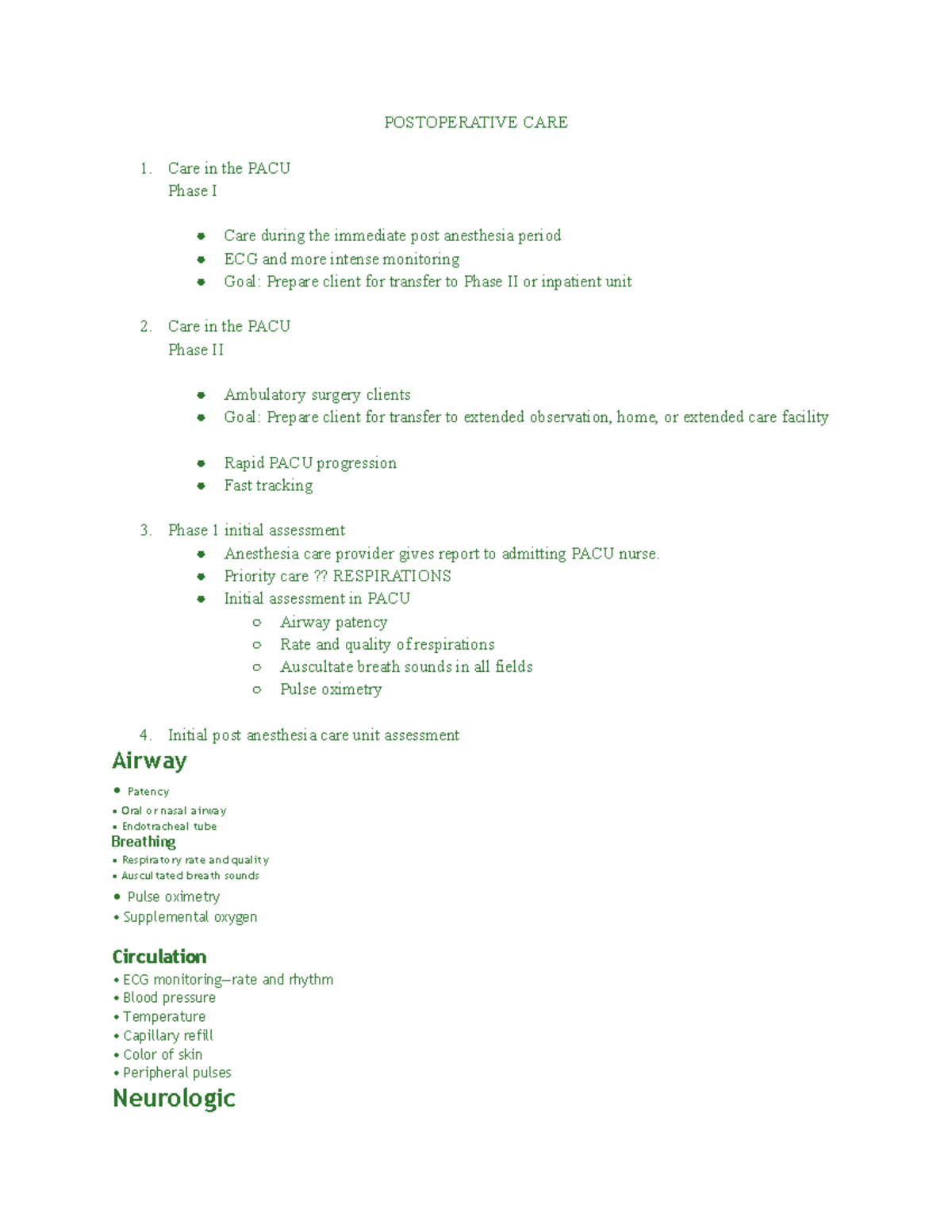 Postoperative CARE STUDY GUIDE - POSTOPERATIVE CARE Care in the PACU ...