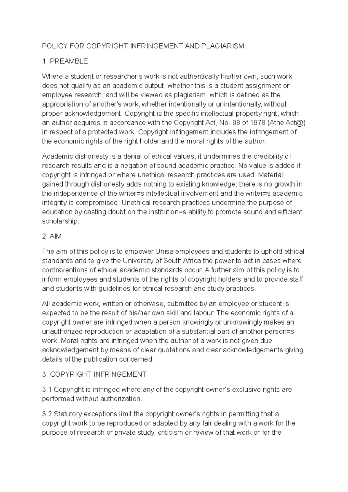 Policy FOR Copyright Infringement AND Plagiarism - POLICY FOR COPYRIGHT ...