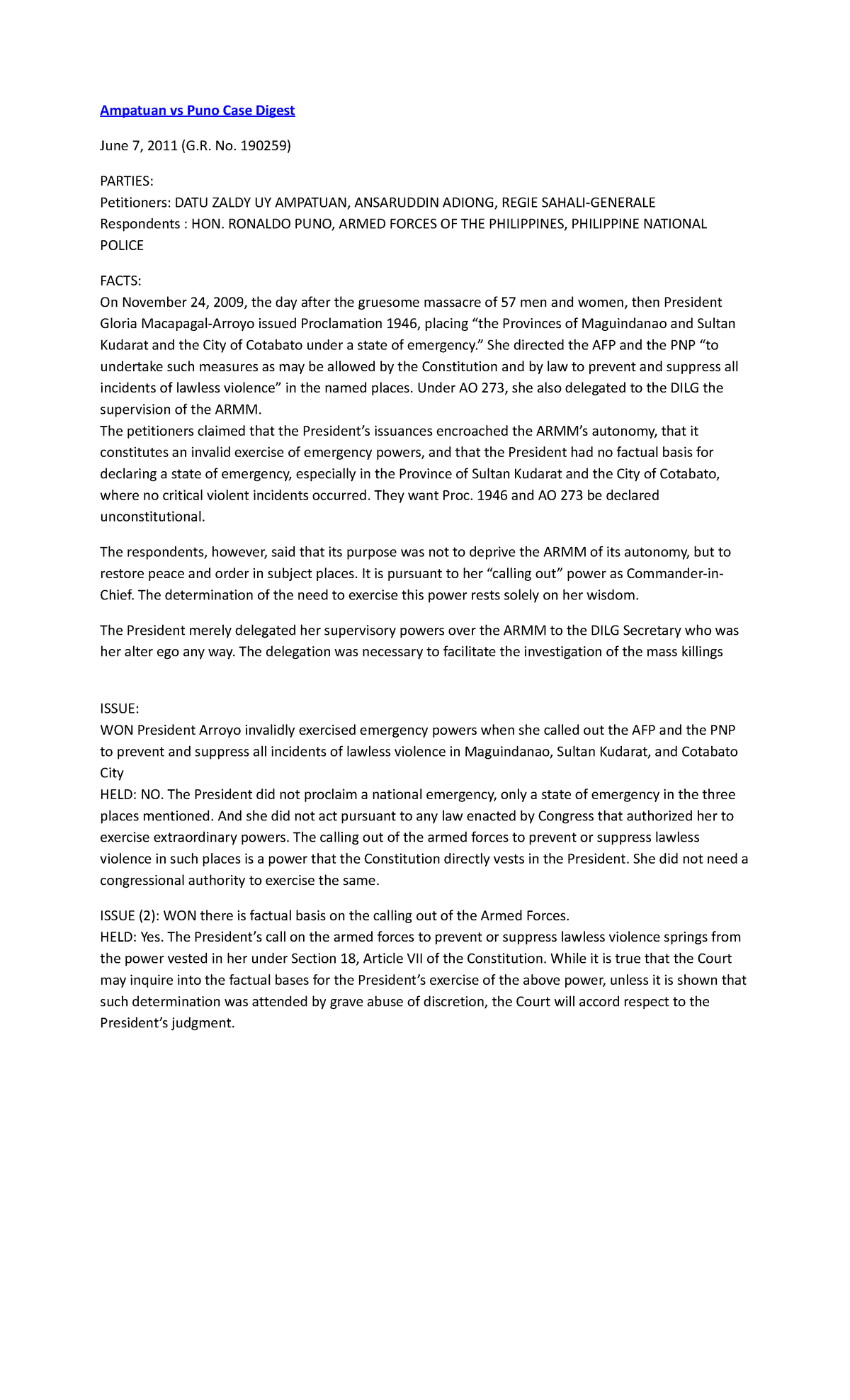 Ampatuan vs Puno Case Digest - No. 190259) PARTIES: Petitioners: DATU ...