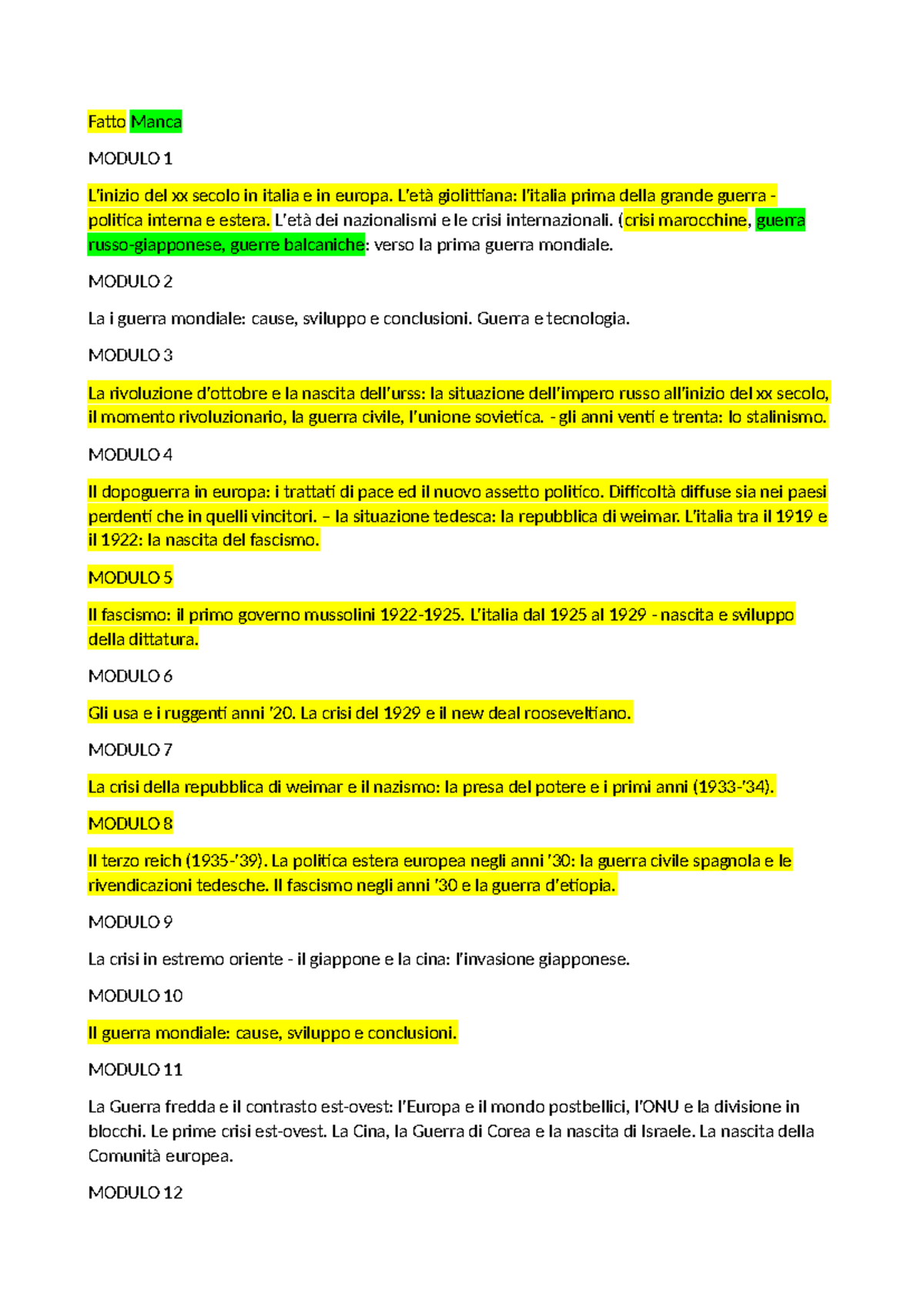 Programma storia - dsddd - Fatto Manca MODULO 1 L'inizio del xx secolo ...