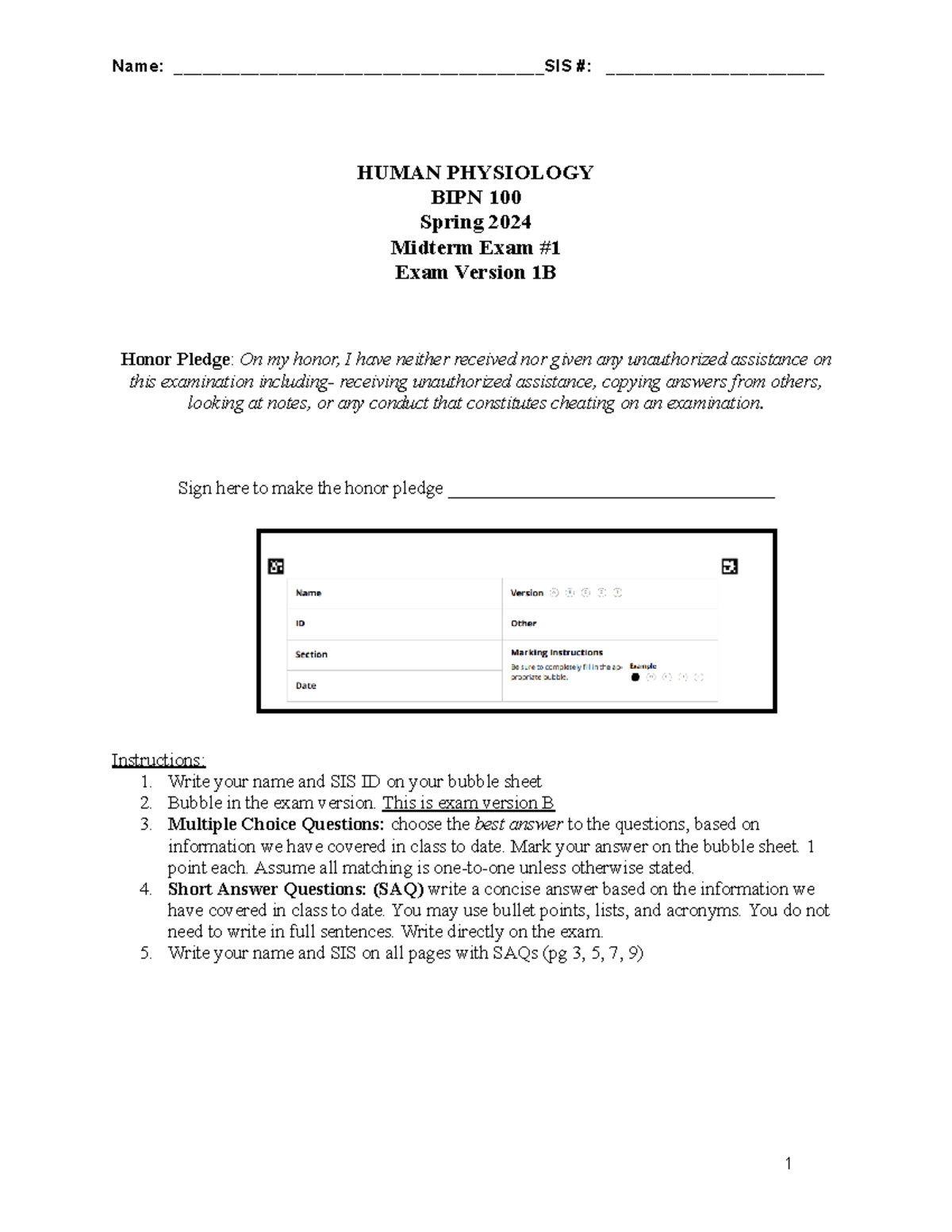 Bipn 100 S24 Midterm 1b Name 9690