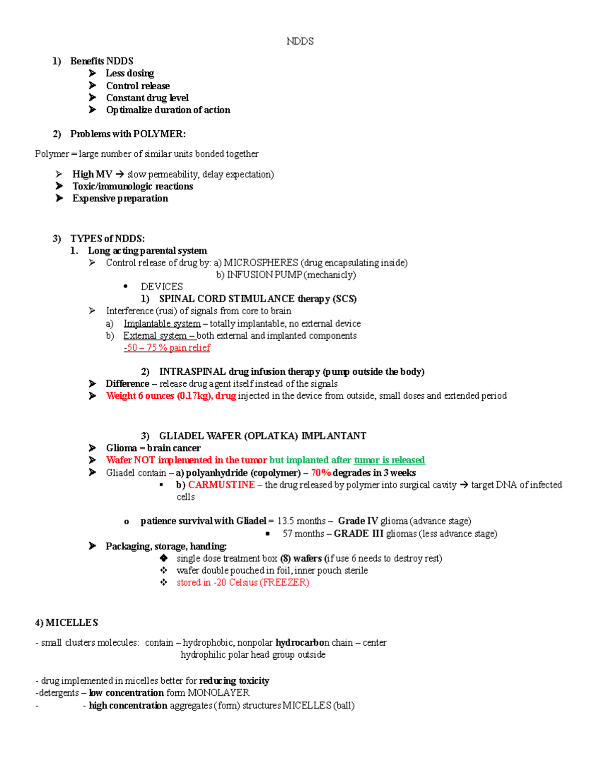 Study guide Pharmaceutics - NDDS 1) Benefits NDDS Less dosing Control ...