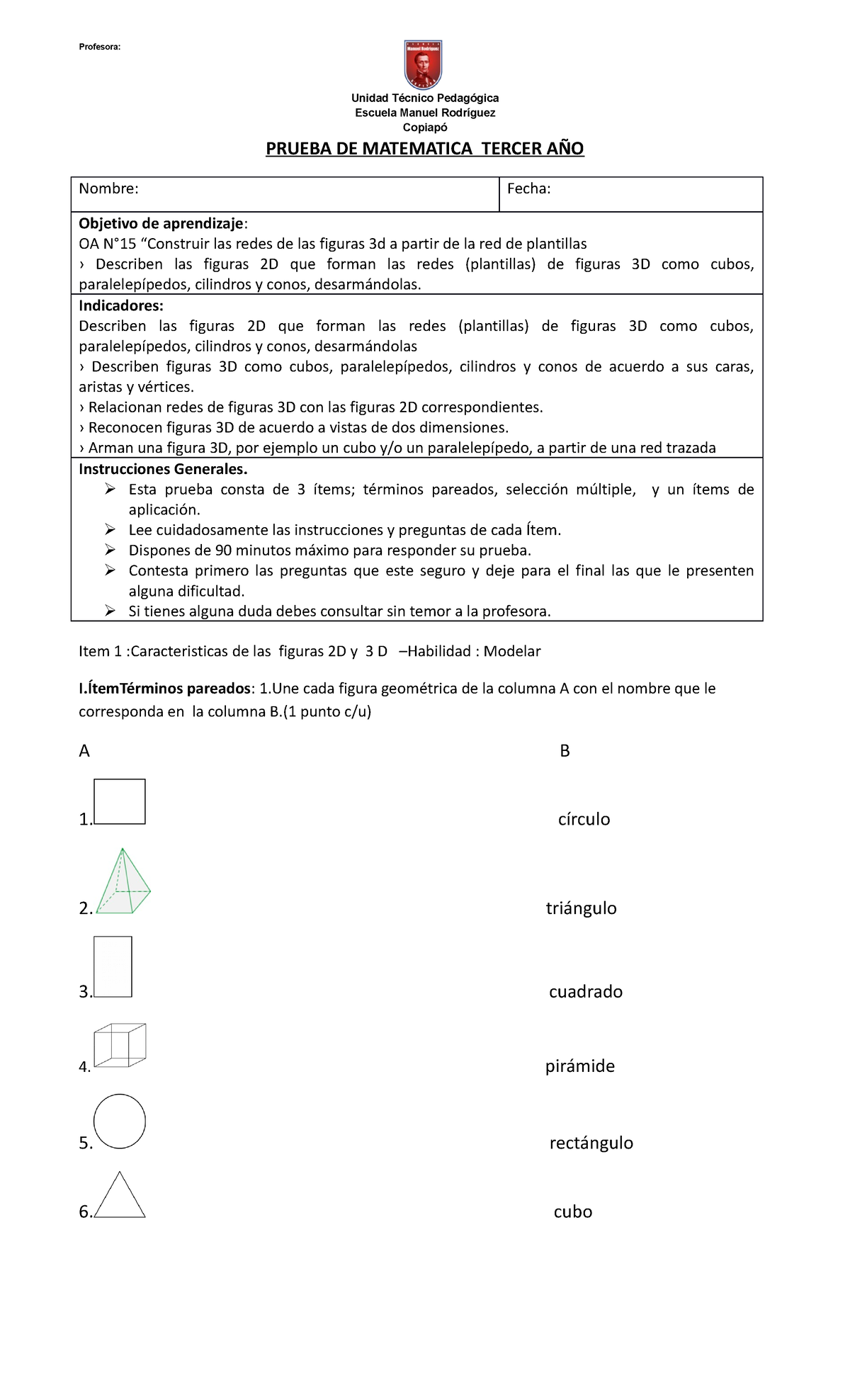 Prueba Figuras 2D Y 3D - EVALUACION OA 15 - Unidad Técnico Pedagógica ...
