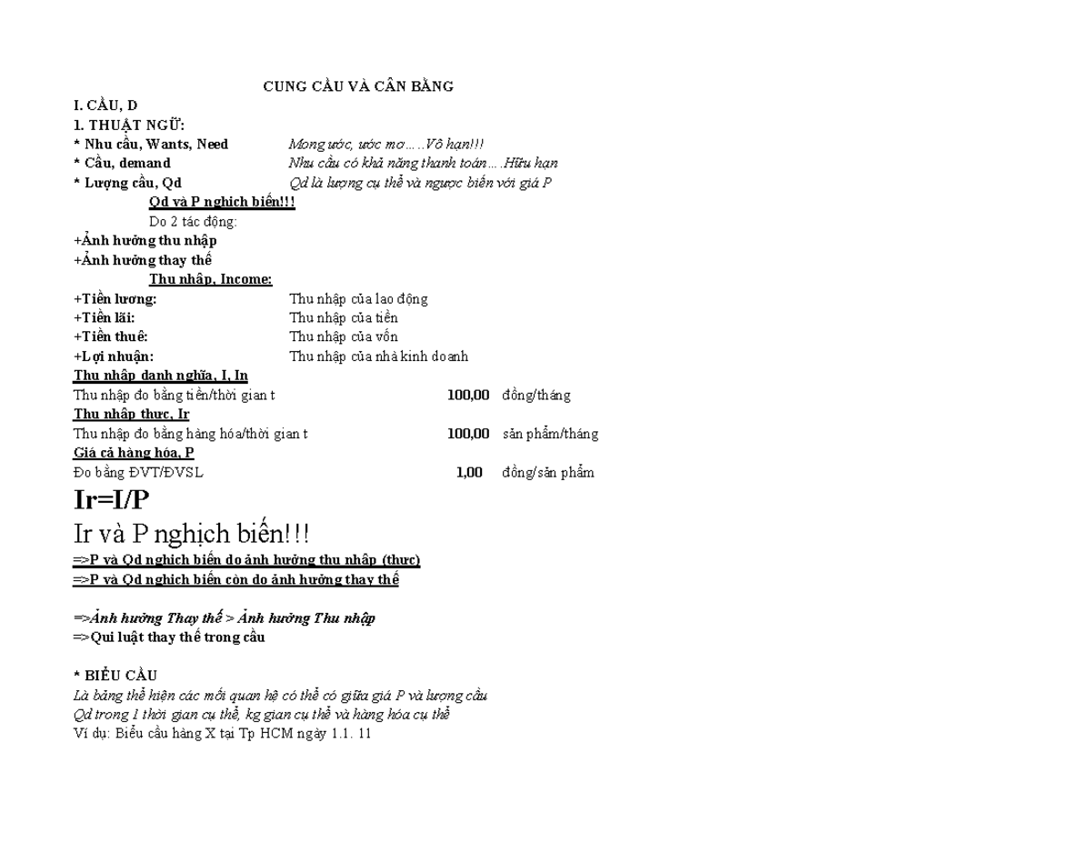 UEH Micro 1 Mankiw - chương 1 - I. CẦU, D THUẬT NGỮ: Nhu cầu, Wants, Need Mong ước, ước mơ....ô ...
