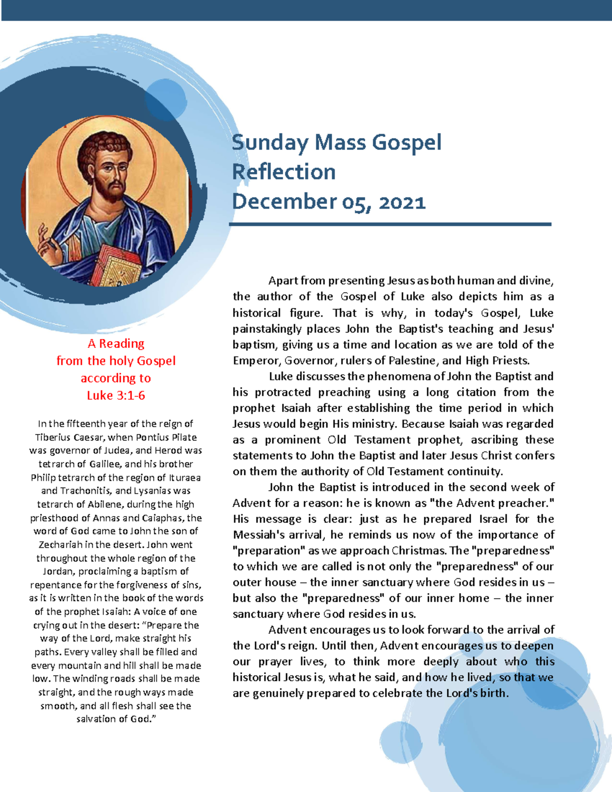 December 05 Sunday Mass Gospel Reflection - Sunday Mass Gospel ...