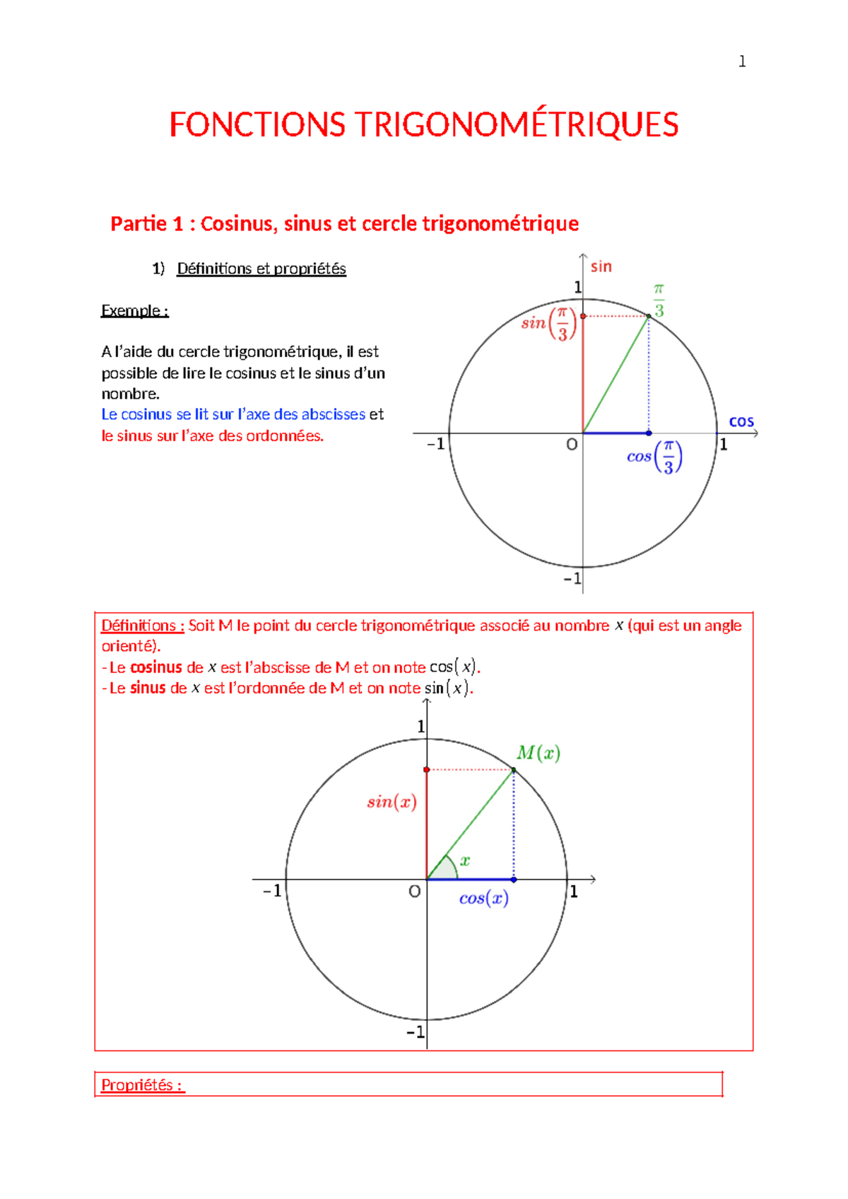 20Trigo T - trigo cours - FONCTIONS TRIGONOMÉTRIQUES Partie 1 : Cosinus, sinus et cercle - Studocu
