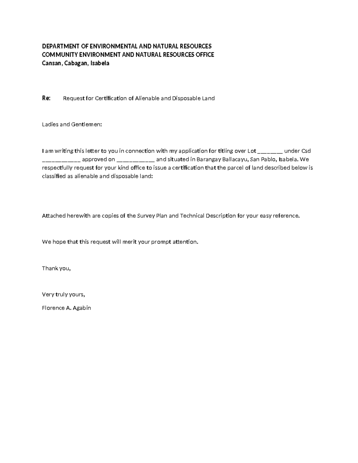 Letter Request - DEPARTMENT OF ENVIRONMENTAL AND NATURAL RESOURCES ...