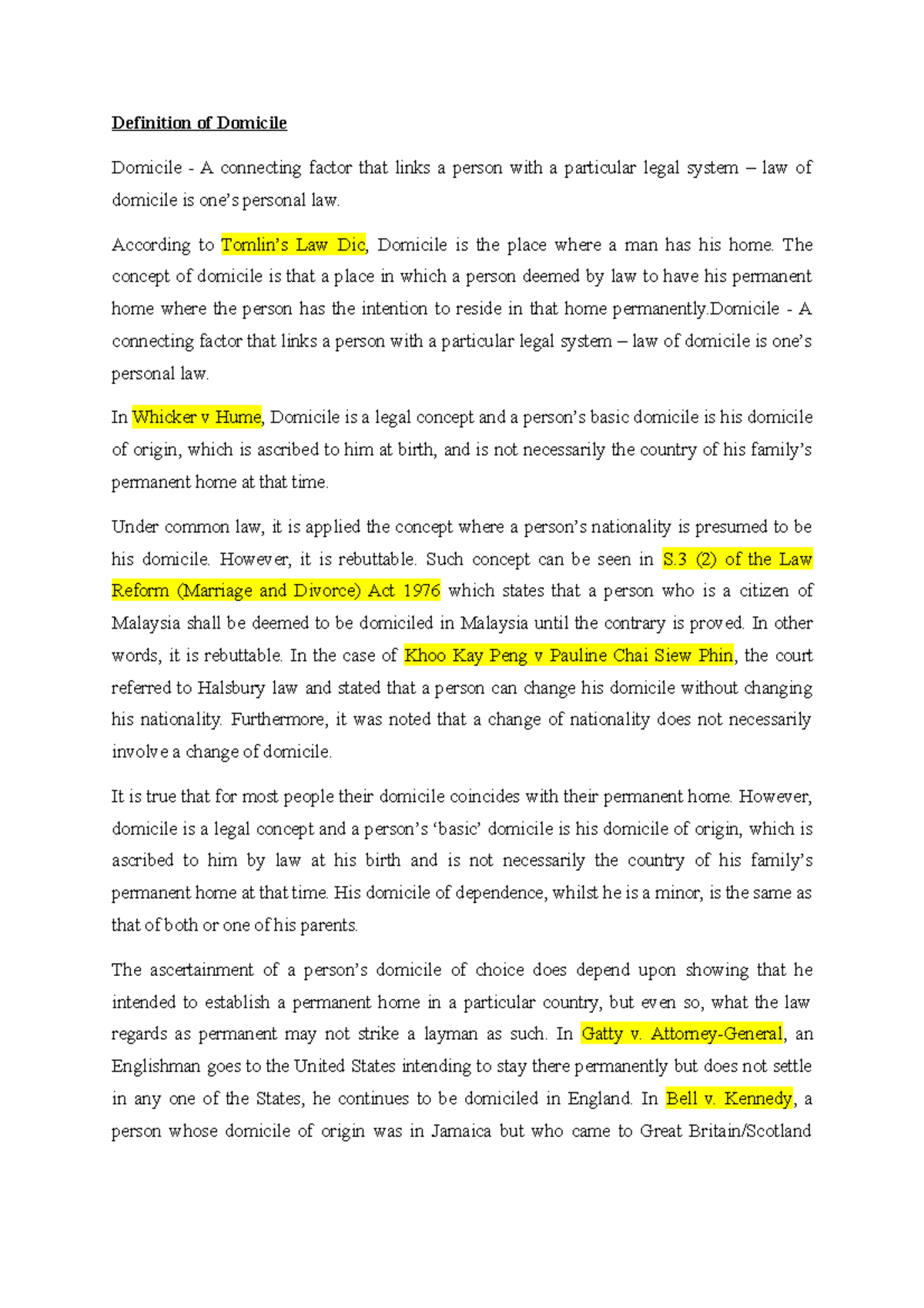 Chapter 3 - Domicile - Definition of Domicile Domicile - A connecting ...