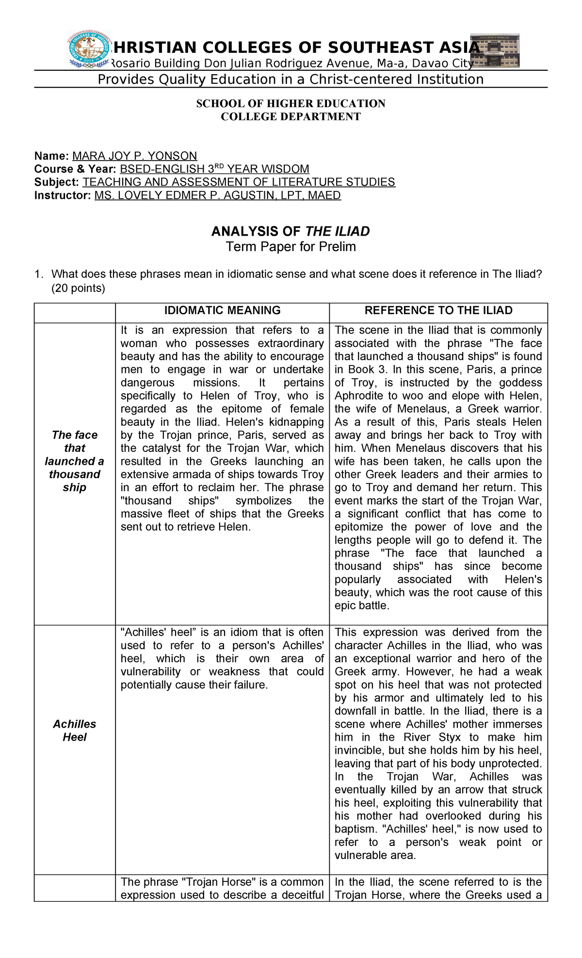 Analysis OF THE Iliad - CHRISTIAN COLLEGES OF SOUTHEAST ASIA Rosario ...