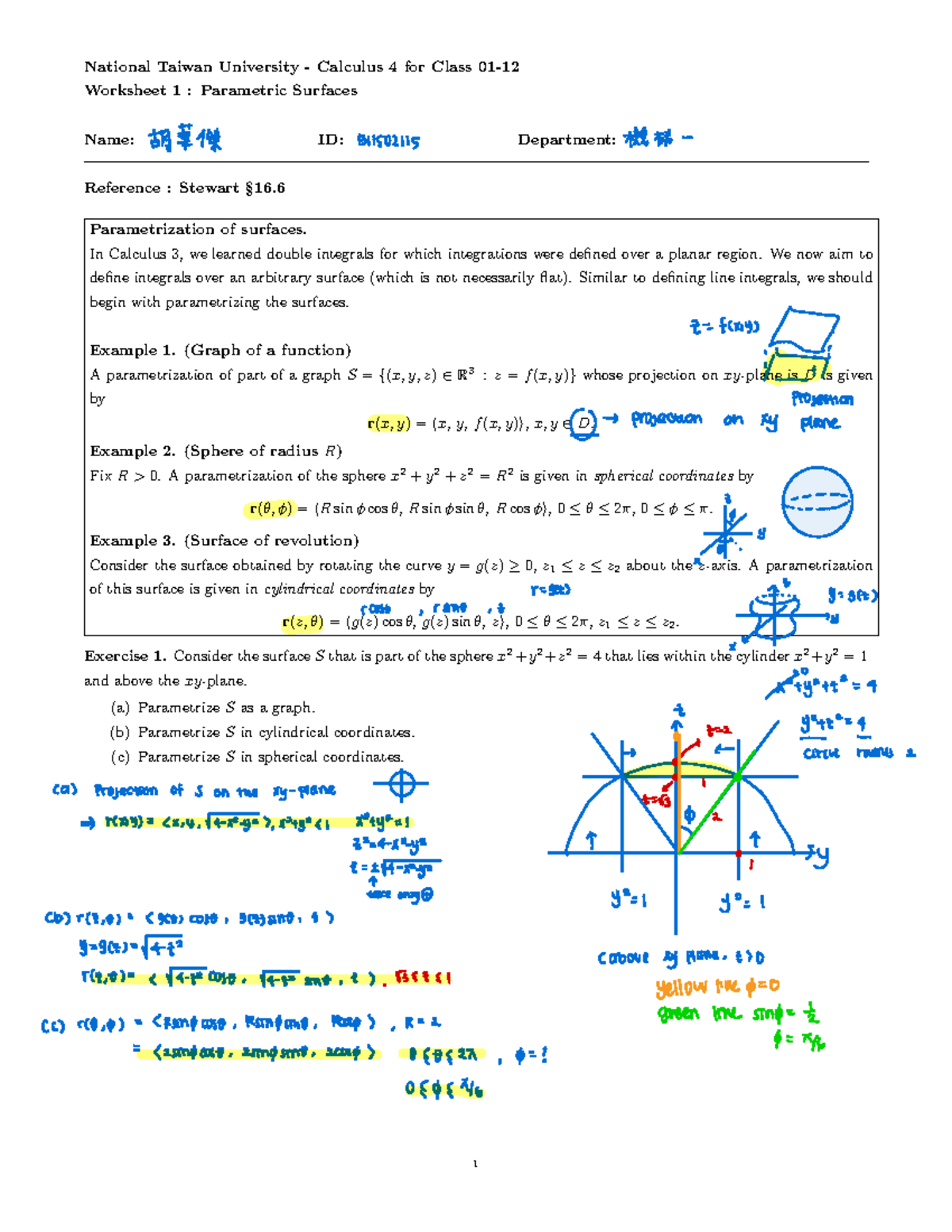 Cal4 WS1 Parametric surfaces - National Taiwan University - Calculus 4 ...