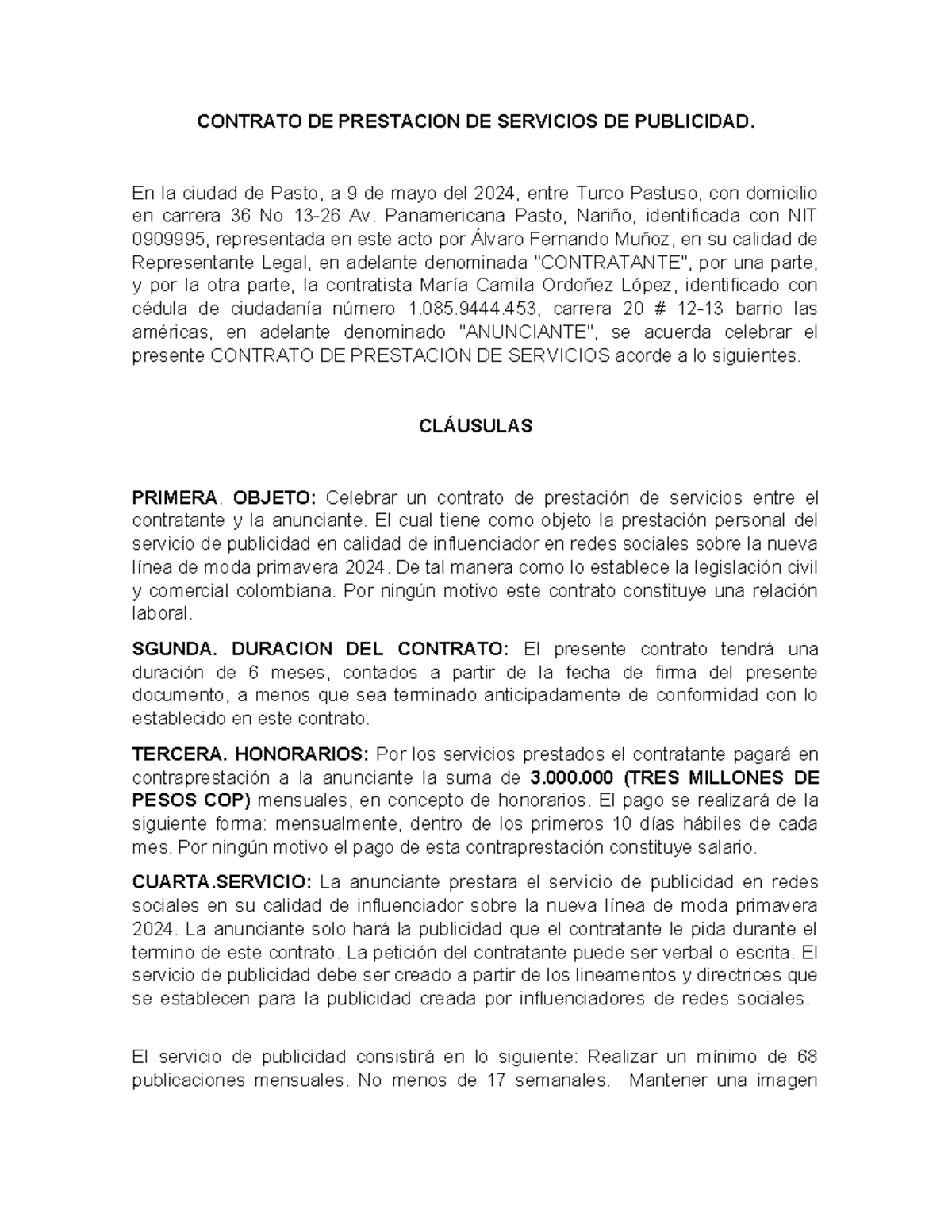 Contrato de influencer - CONTRATO DE PRESTACION DE SERVICIOS DE ...