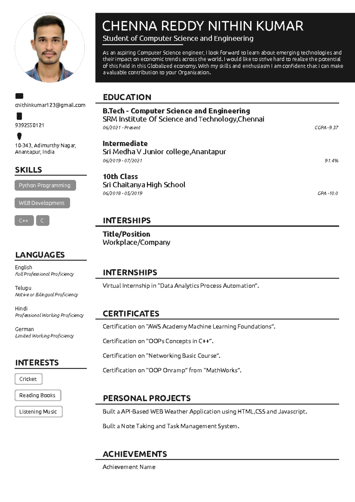 Chenna's Resume-4 - CHENNA REDDY NITHIN KUMAR Student of Computer Science and Engineering As an ...