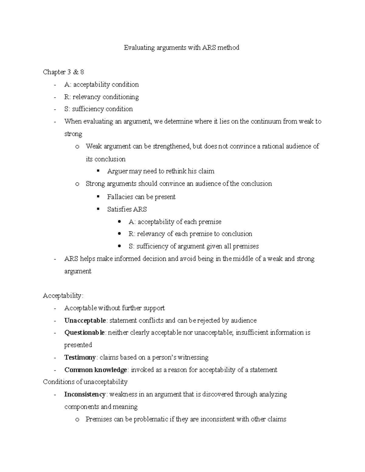 ARS method - lecture 4 notes - Evaluating arguments with ARS method ...
