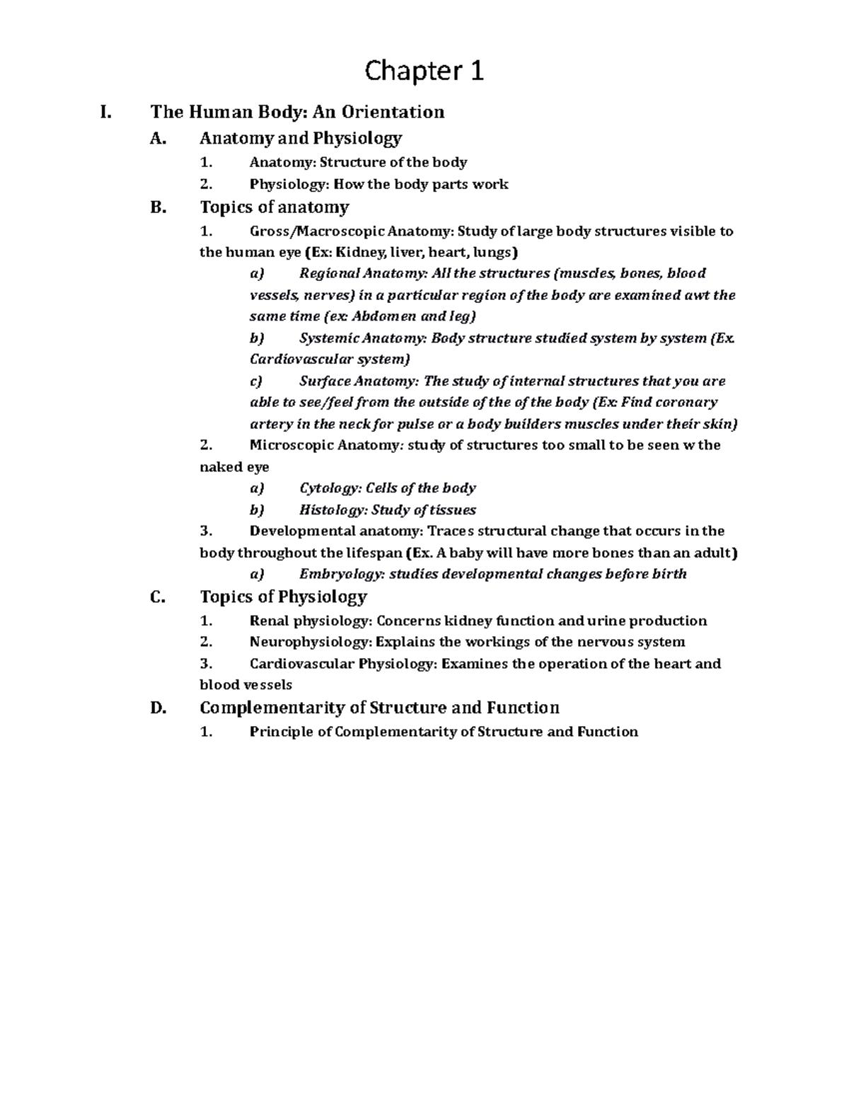 The Human Body - Summary Anatomy and Physiology - Chapter 1 I. The ...