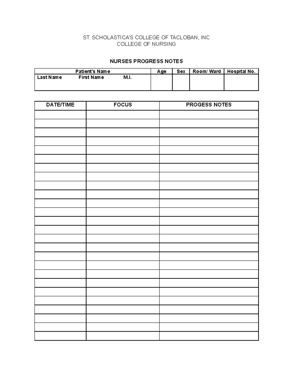 FDAR Chart Template - BSNursing - ST. SCHOLASTICA’S COLLEGE OF TACLOBAN ...