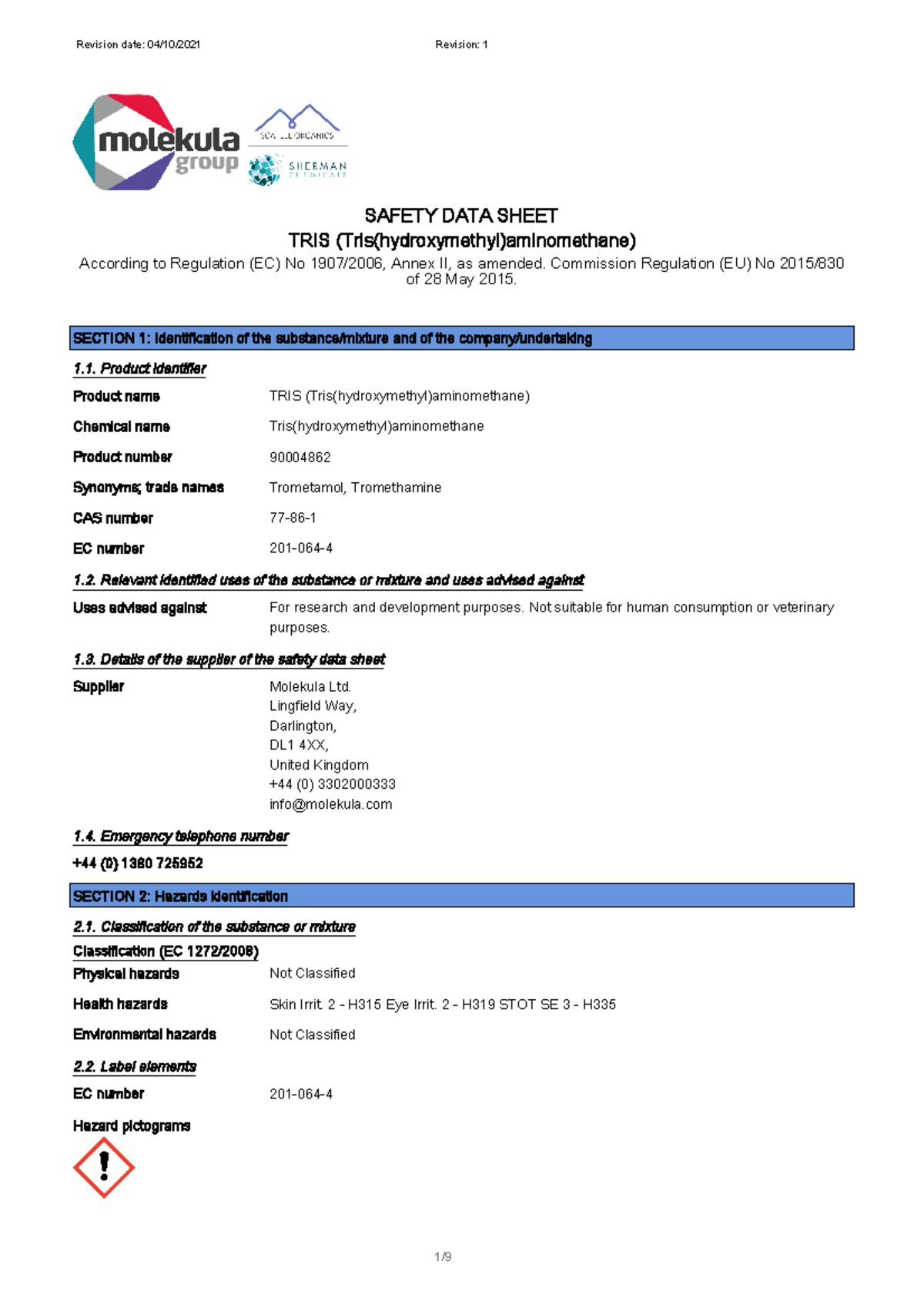 Safety Data Sheet - EN - (11942384) TRIS Ultrapure (TRIS( Hydroxymethyl ...