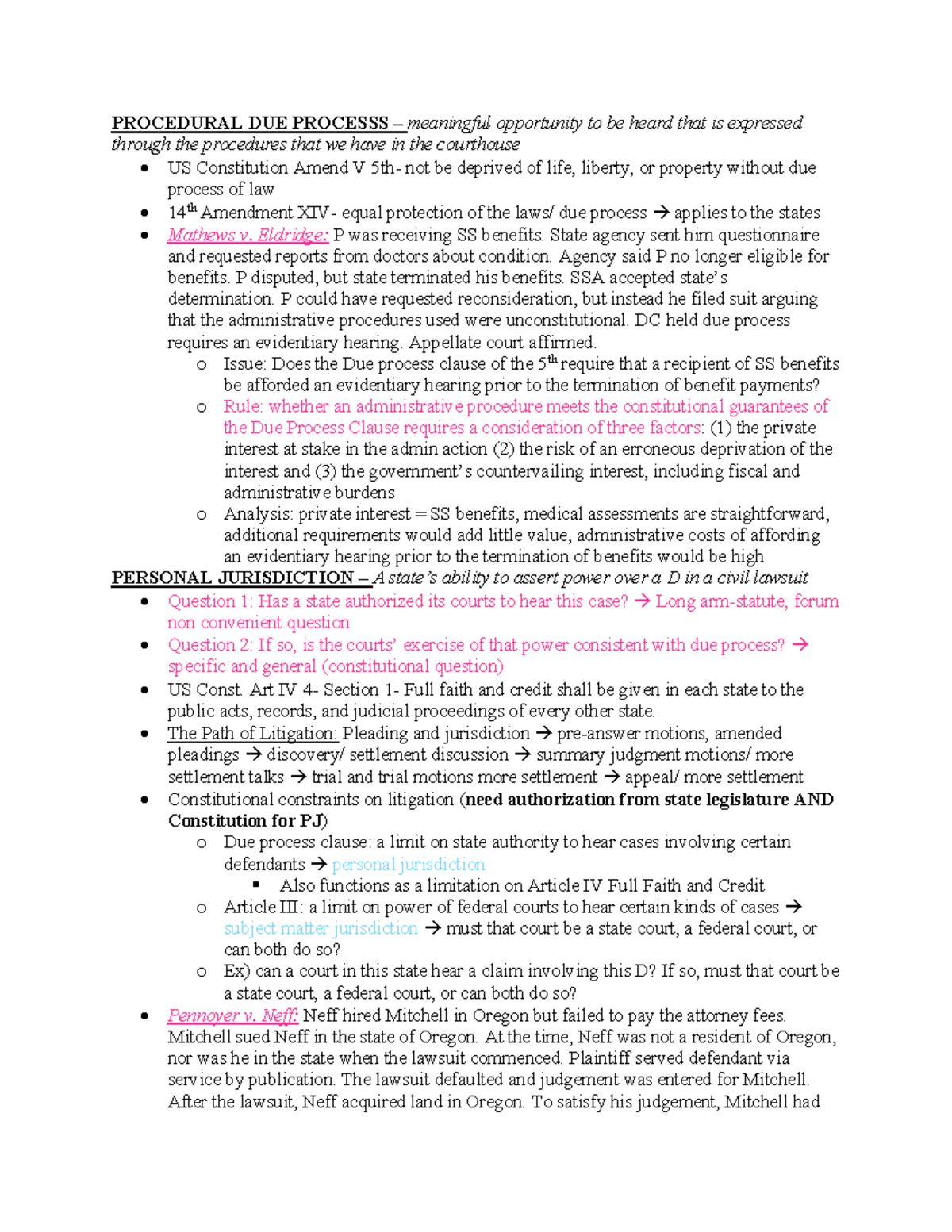 Civil Procedure Outline - PROCEDURAL DUE PROCESSS – meaningful ...