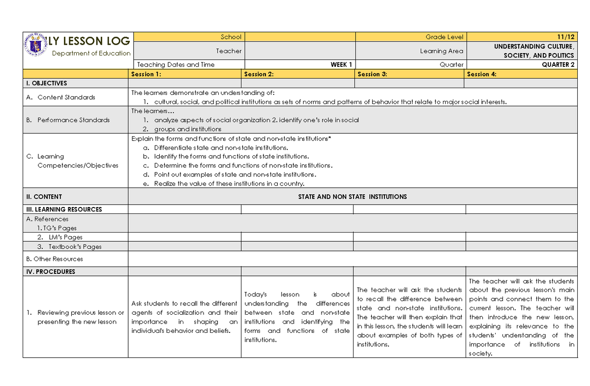UCSP Q2 WEEK1 - Daily Lesson Log - DAILY LESSON LOG Department of ...