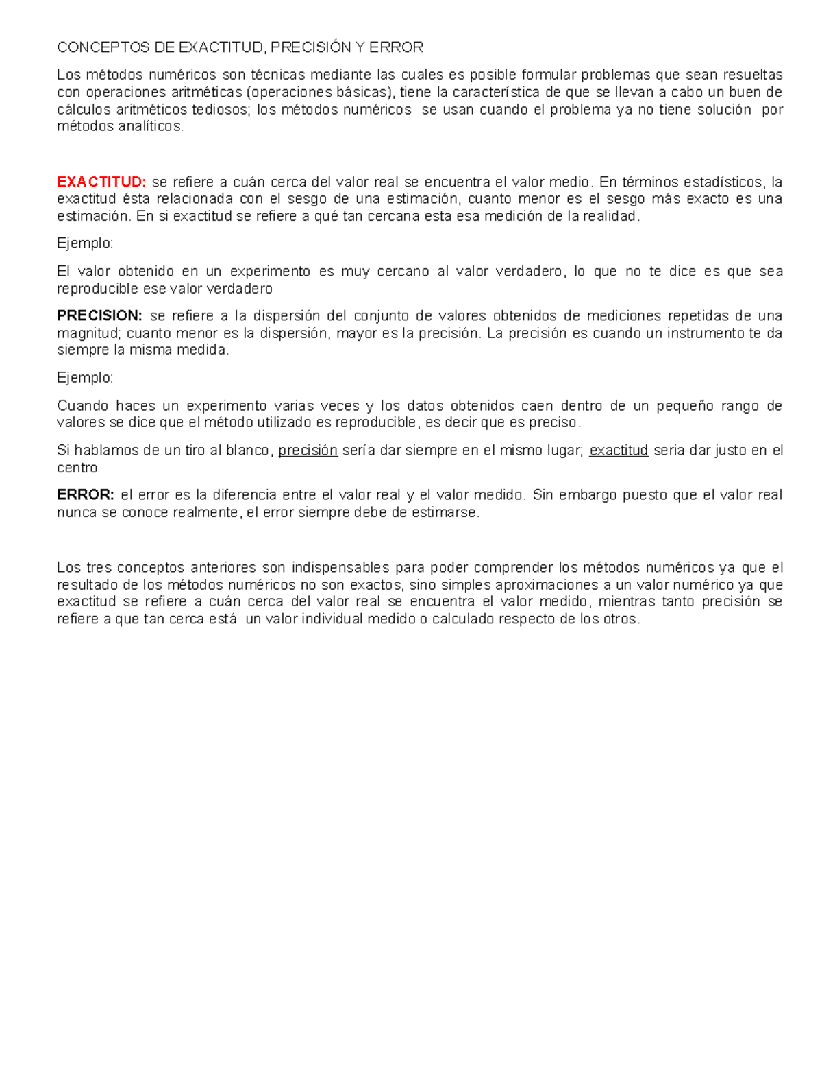 Conceptos DE Exactitud precision y error - CONCEPTOS DE EXACTITUD, PRECISIÓN Y ERROR Los métodos ...