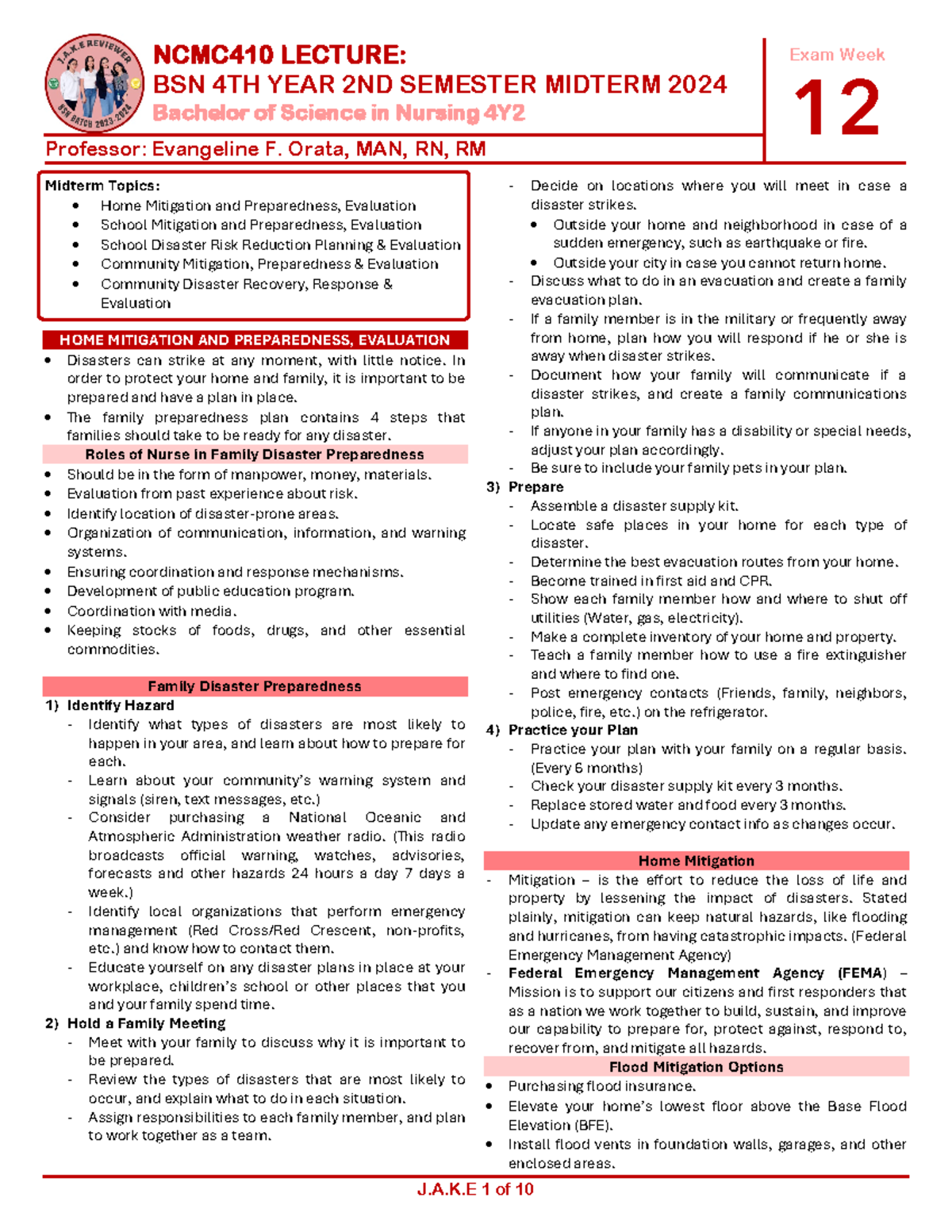 NCMC410 Midterm - review purposes - Professor: Evangeline F. Orata, MAN, RN, RM NCMC410 LECTURE ...