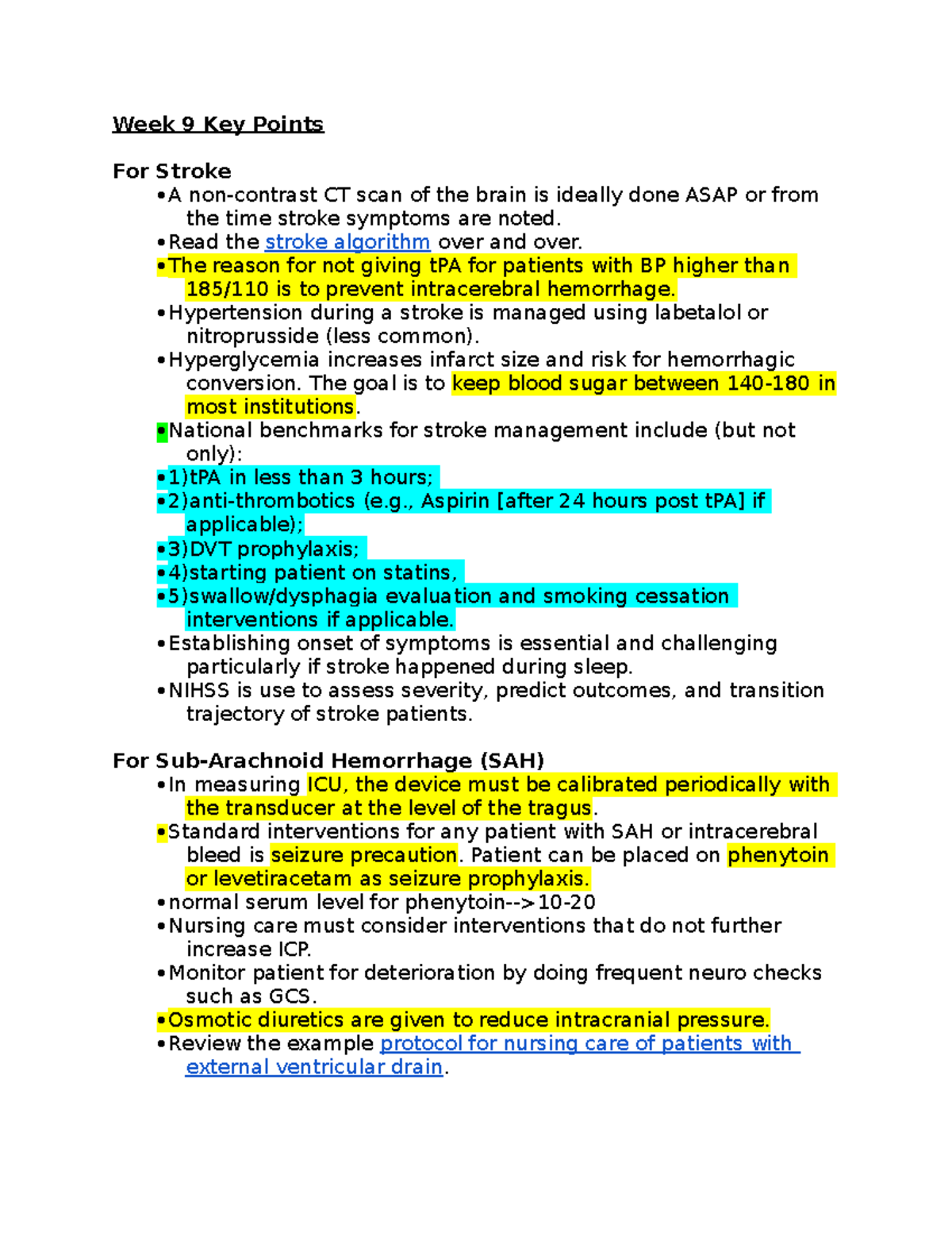Exam 3 key points - notes - Week 9 Key Points For Stroke A non-contrast ...