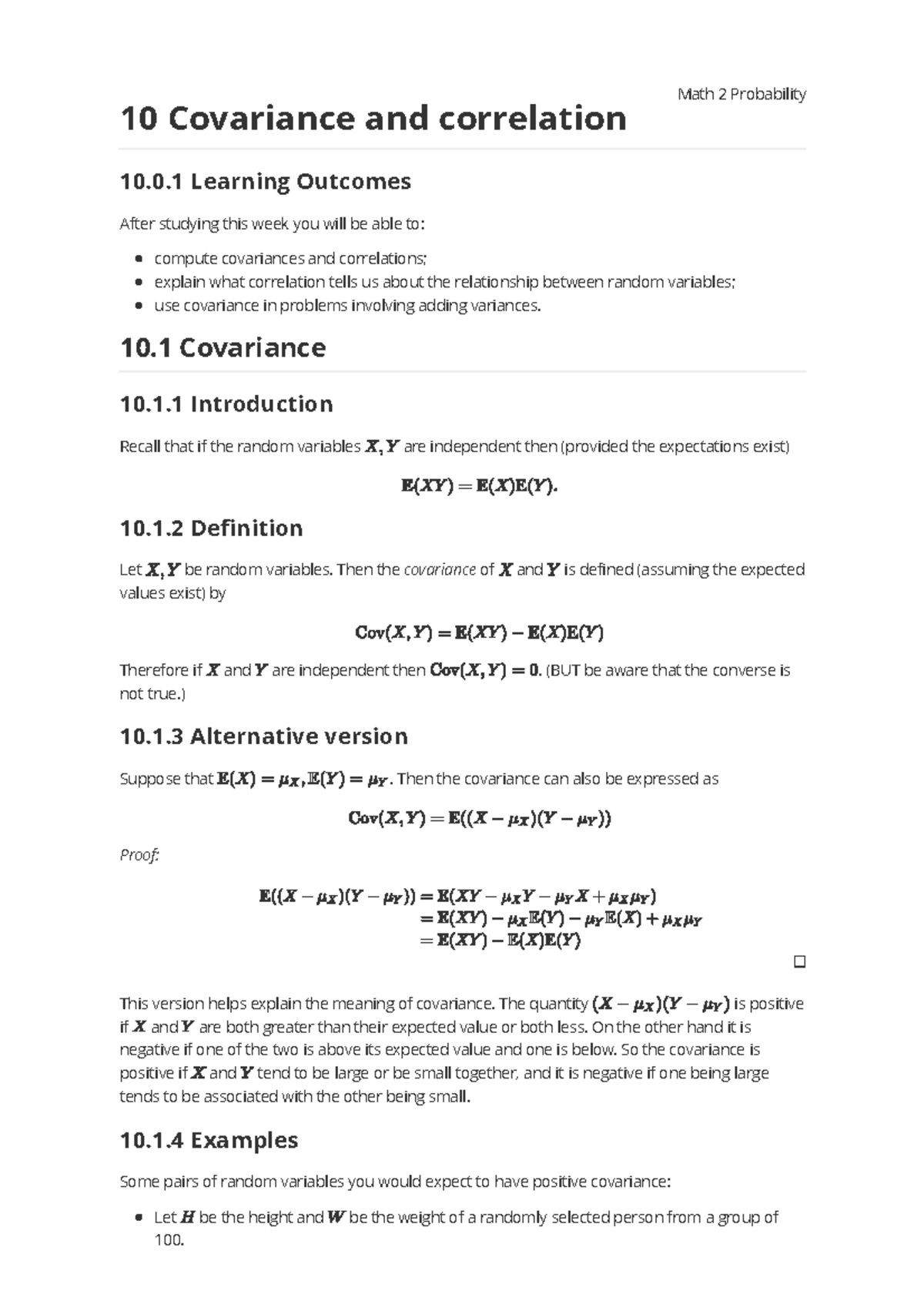 Lecture 10 - slides - Math 2 Probability 10 Covariance and correlation 10.0 Learning Outcomes ...