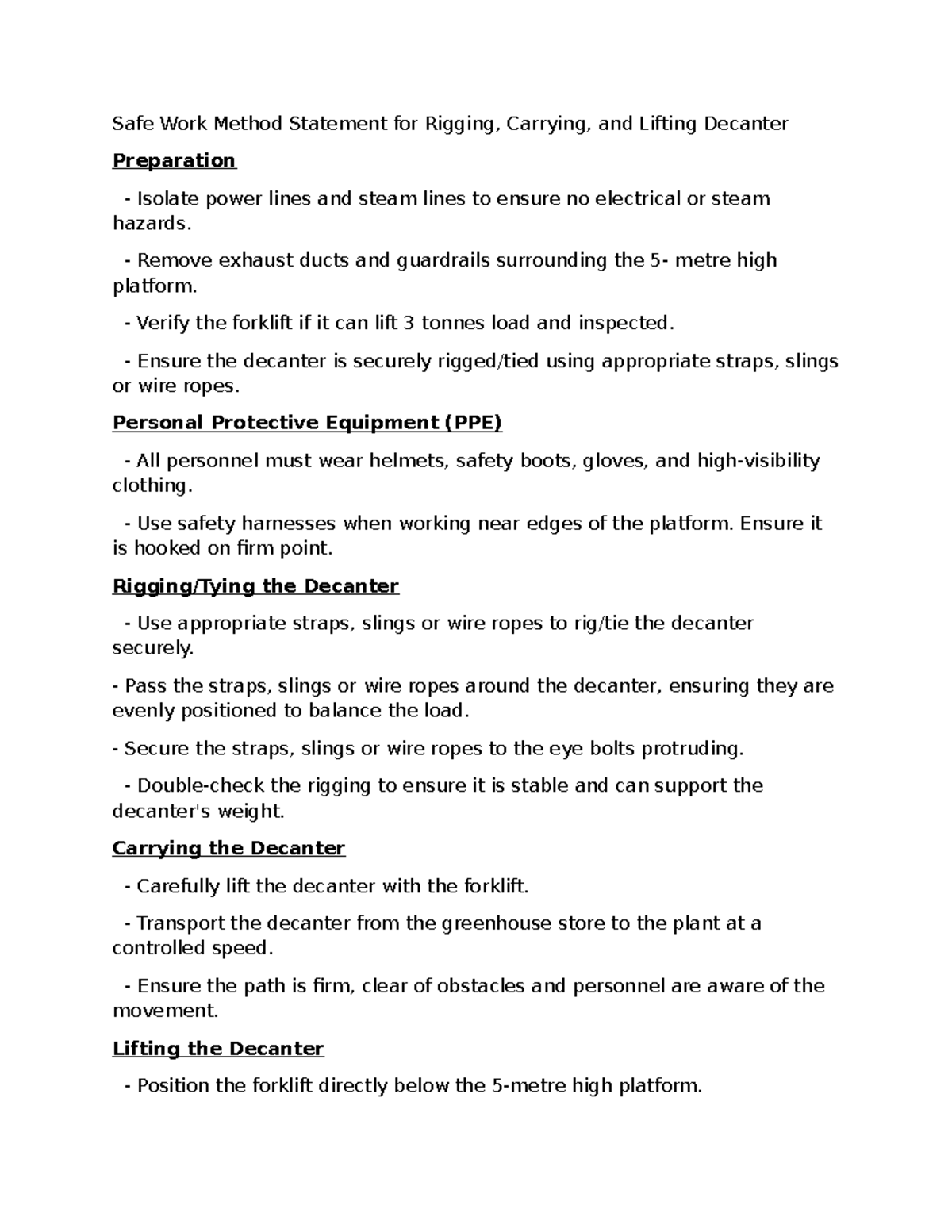 Safe Work Method Statement for Rigging, Carrying, and Lifting Decanter ...