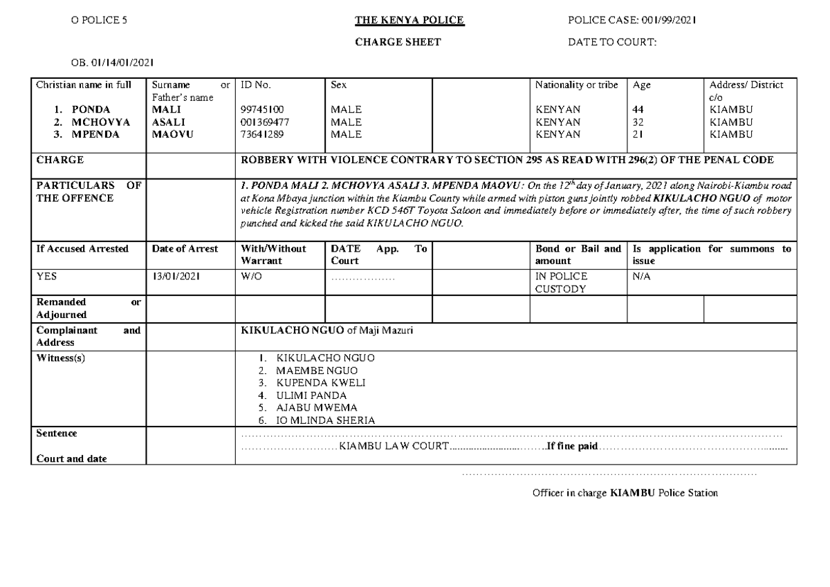Charge Sheet Cat 2 - civil procedure - O POLICE 5 THE KENYA POLICE ...