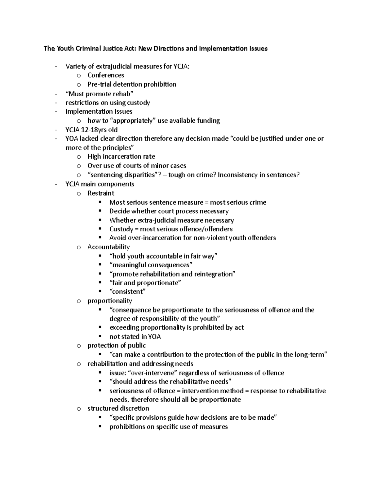 Week 2 notes - The Youth Criminal Justice Act: New Directions and ...