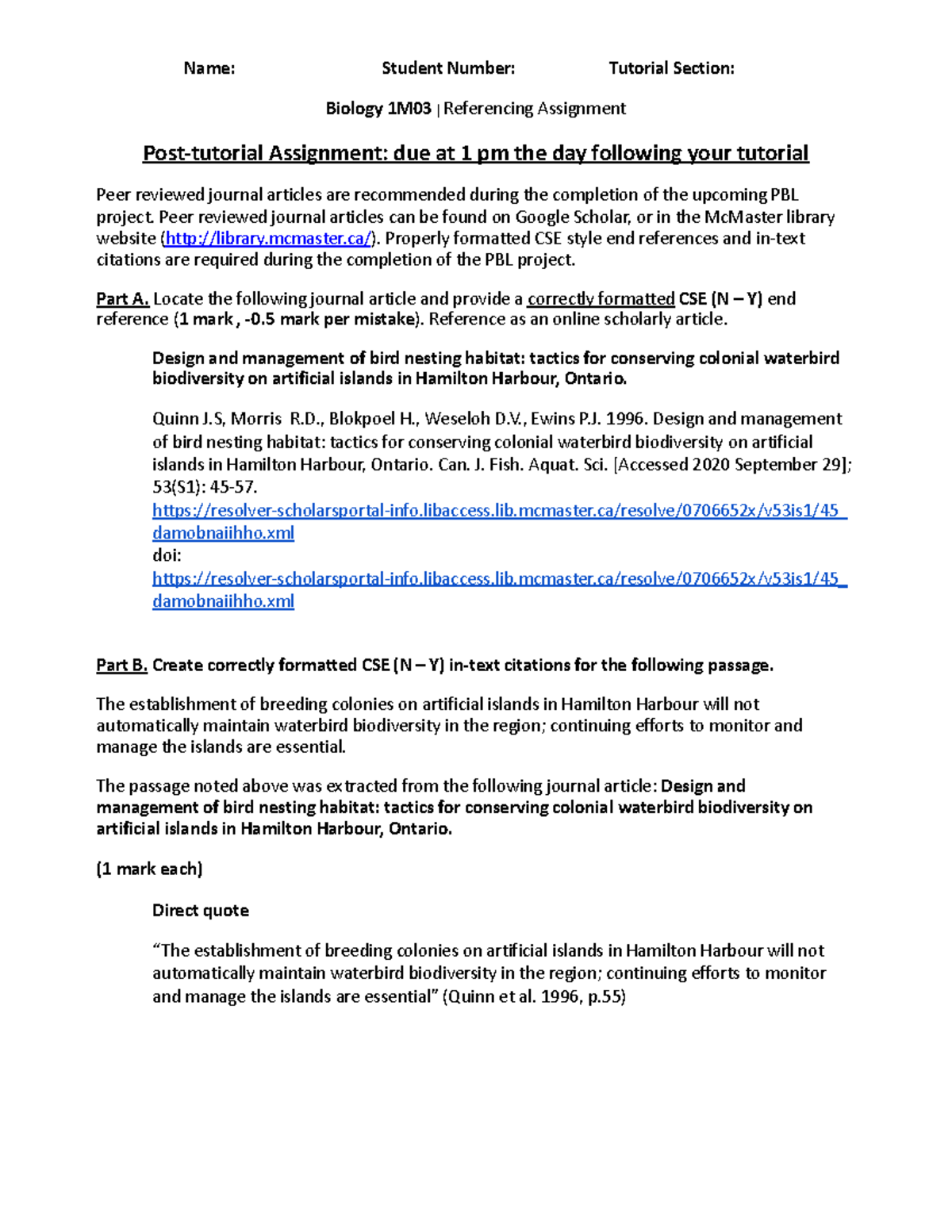 Bio 1M03 Post-Tutorial 1 Referencing Assignment as a word document - bio 1m03 - McMaster - Studocu