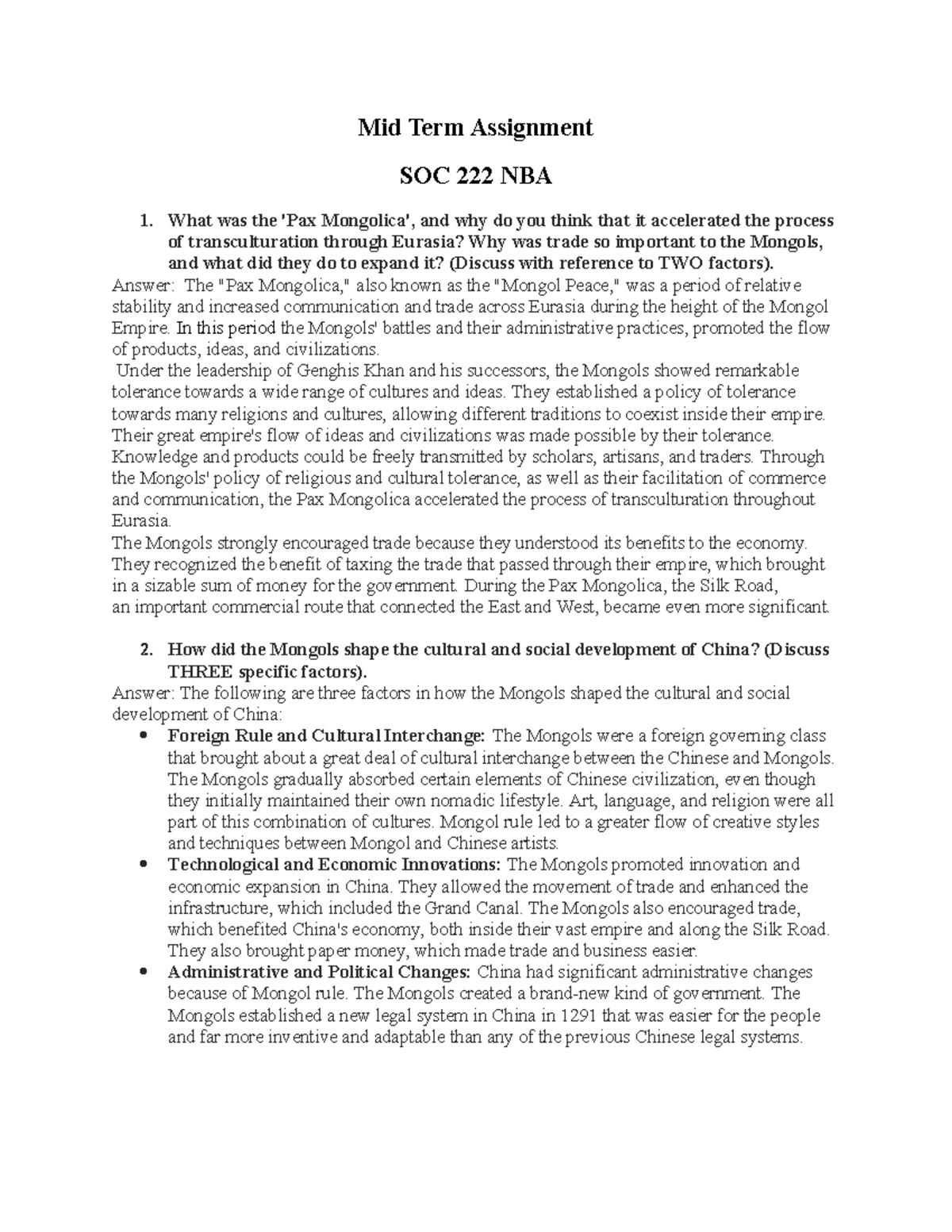 SOC222 mid-term assignment completed - Mid Term Assignment SOC 222 NBA 1. What was the 'Pax ...