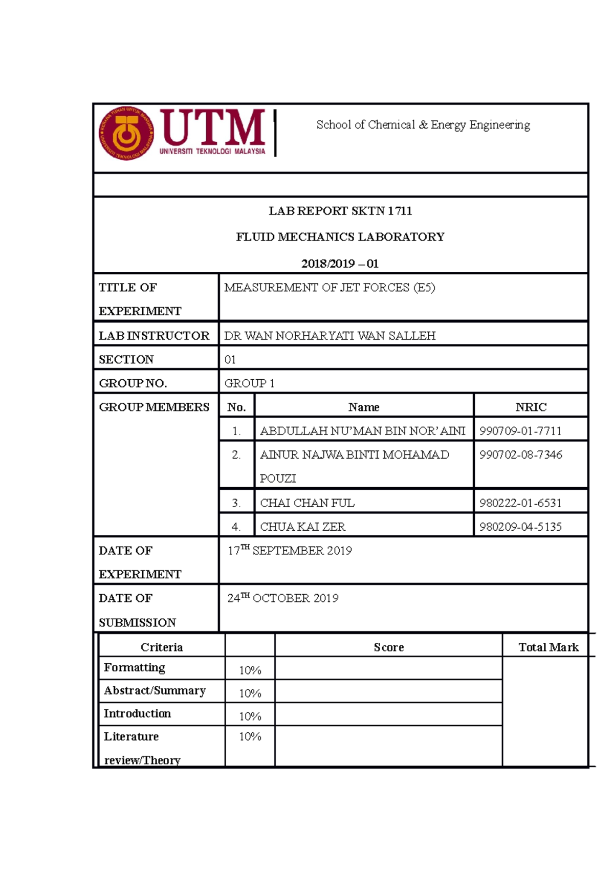 Fluid Full report E5 - LAB REPORT SKTN 1711 FLUID MECHANICS LABORATORY ...