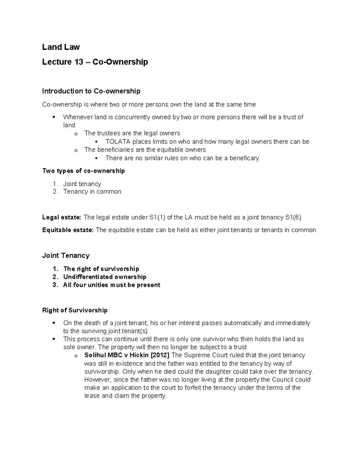 L13 Co-Ownership - Land Law Lecture 13 – Co-Ownership Introduction to ...