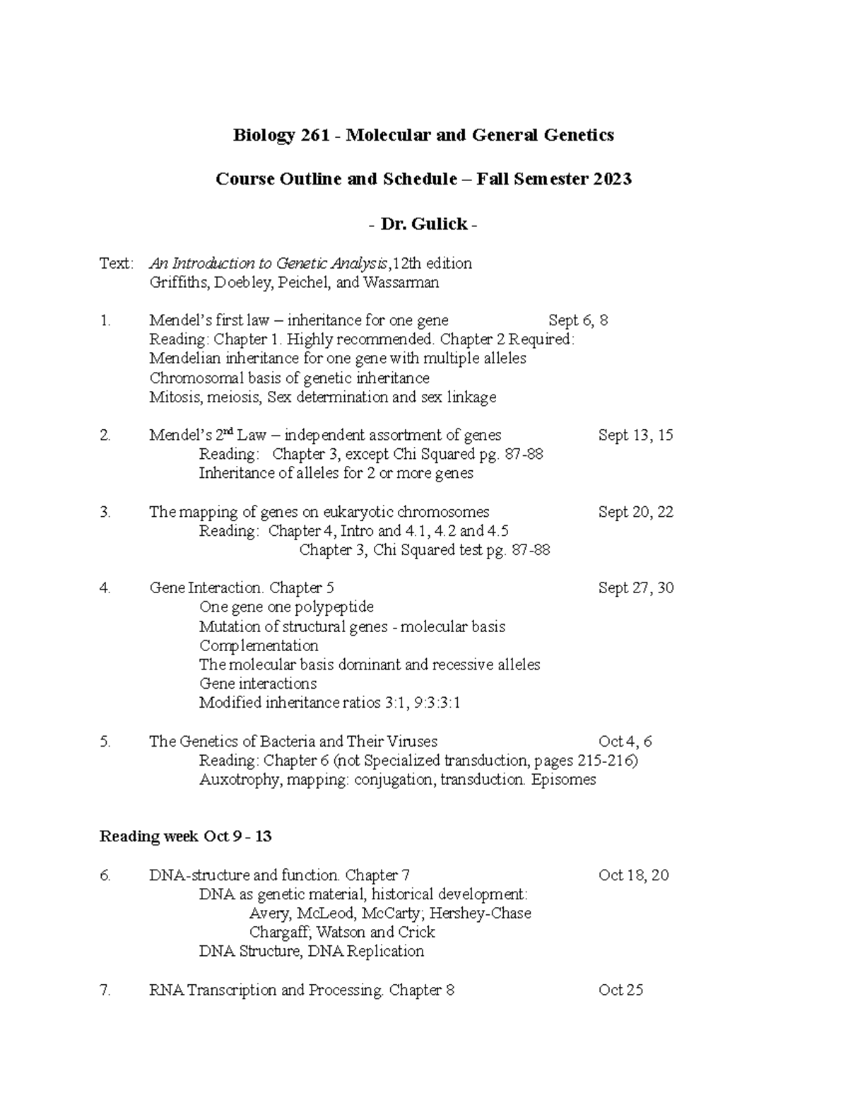 Biology 261 Molecular and General Genetics Course Outline and Schedule ...
