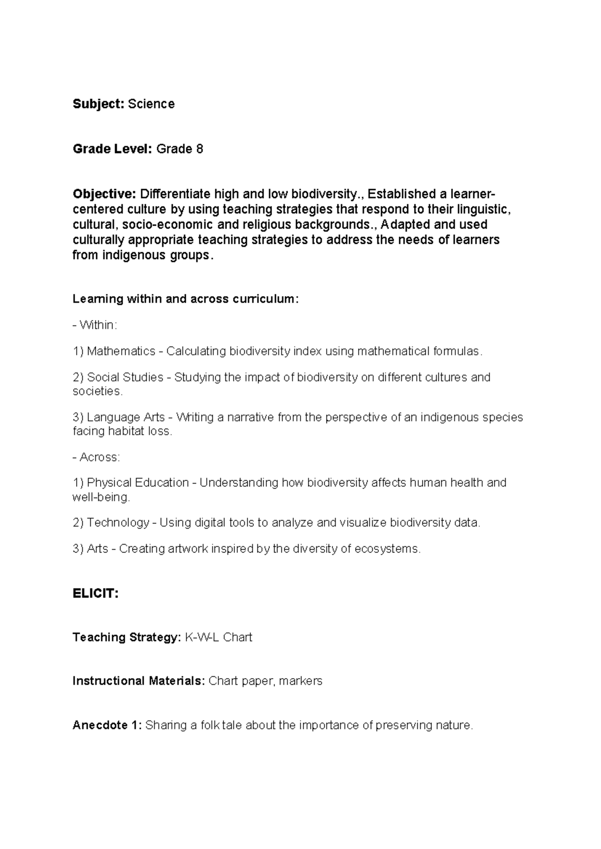 Lesson plan - Subject: Science Grade Level: Grade 8 Objective ...