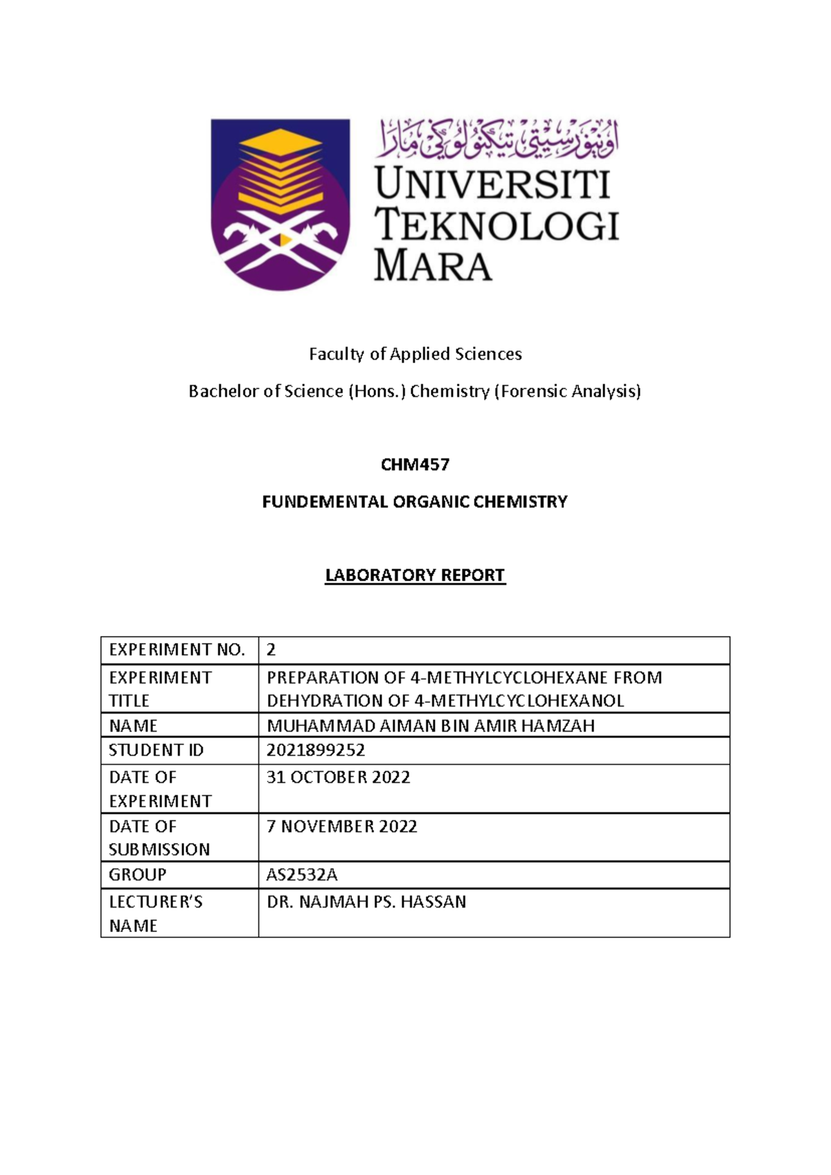 LAB Report EXP2 CHM457 - Faculty of Applied Sciences Bachelor of ...